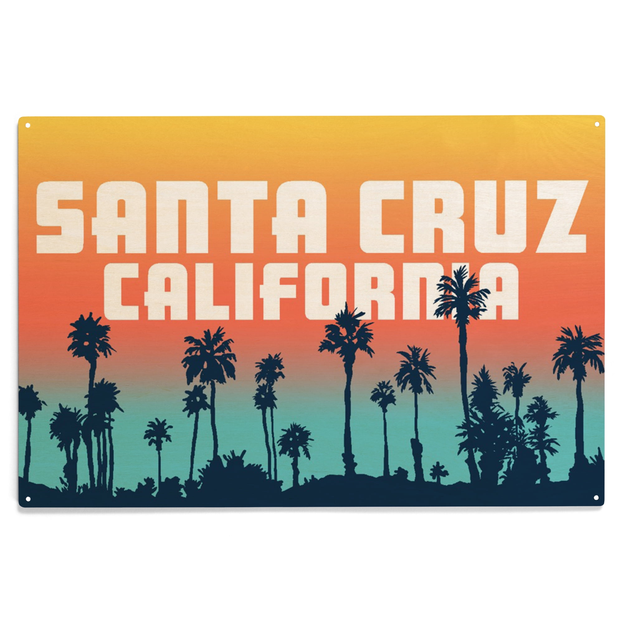 Santa Cruz, California, Palm Trees, Aqua Horizon Birch Wood Wall Sign ...