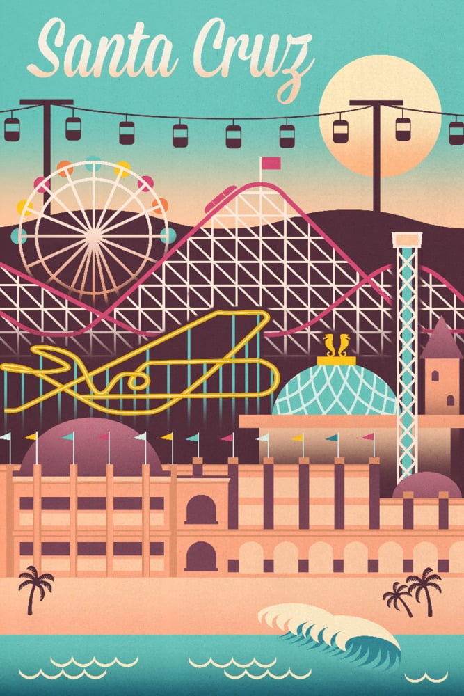 Santa Cruz, California, Retro Skyline (24x36 Giclee Gallery Art Print ...