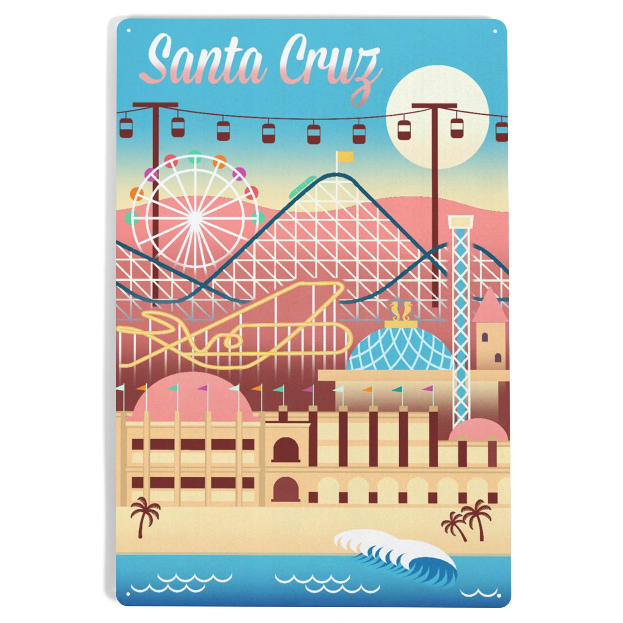 Santa Cruz, California, Retro Skyline, Beach Colors (12x18 Aluminum Art ...