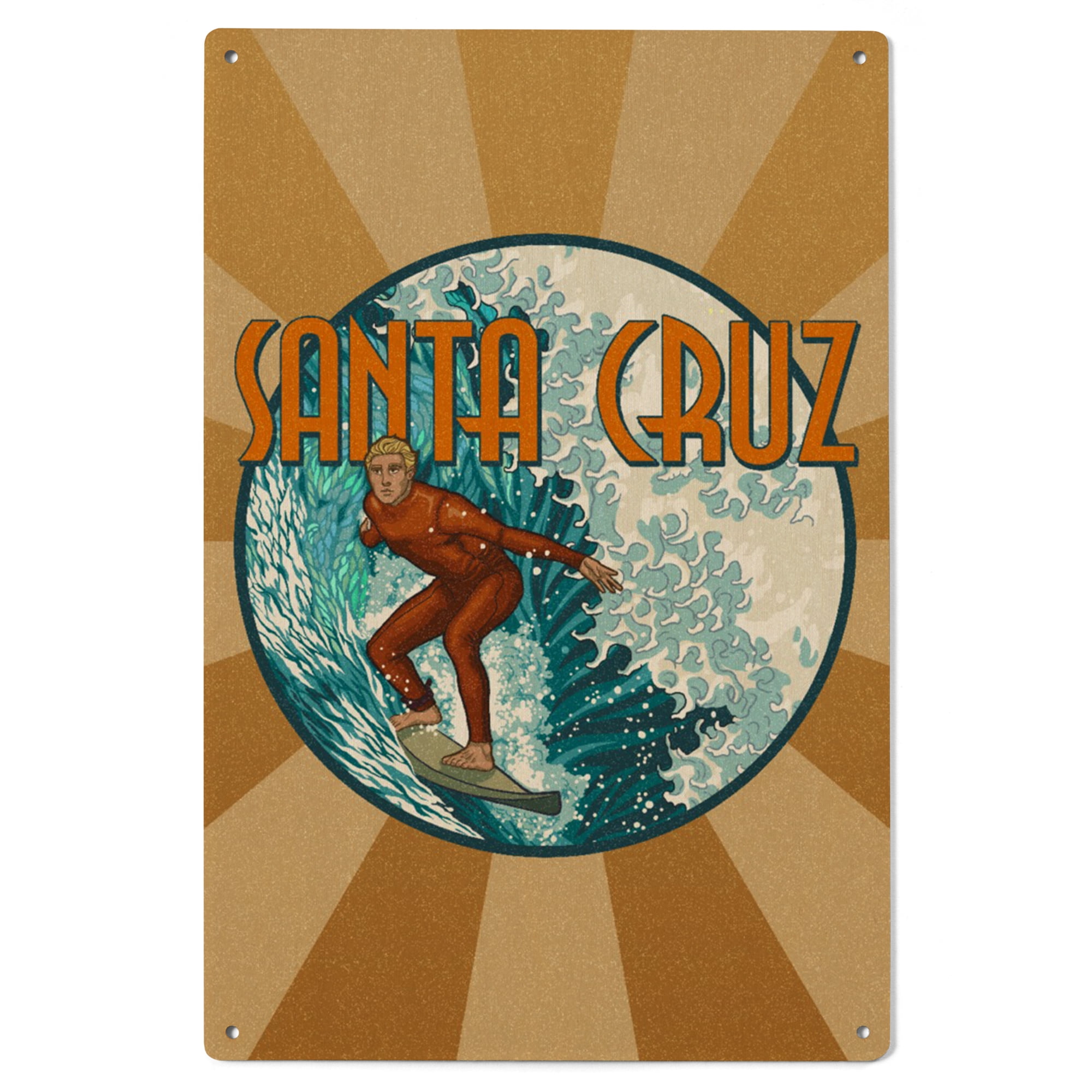 Santa Cruz, California, Stylized Surfer, Contour Birch Wood Wall Sign ...