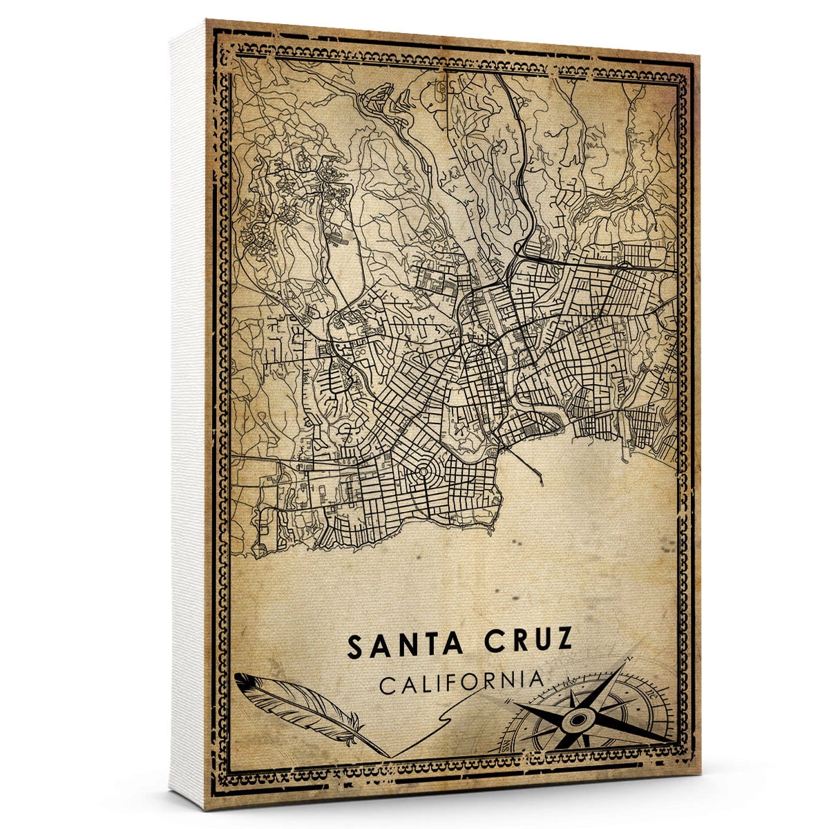 Santa Cruz Vintage Map Prints Canvas, California Map Art Canvas, Canvas ...