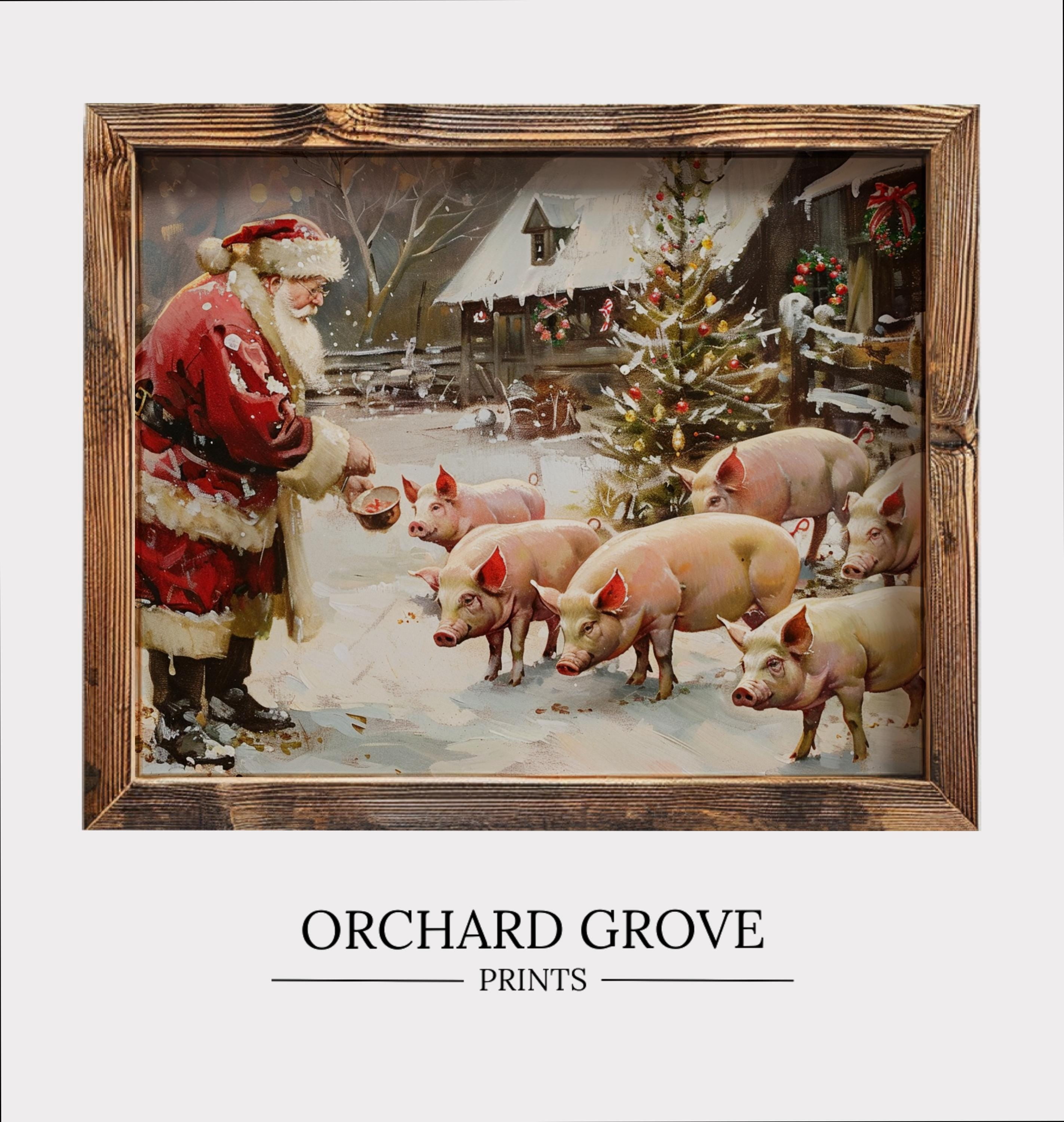 Santa Farm Print Santa Pigs Pig Kristmas Art Cute Pig Festive Animal ...