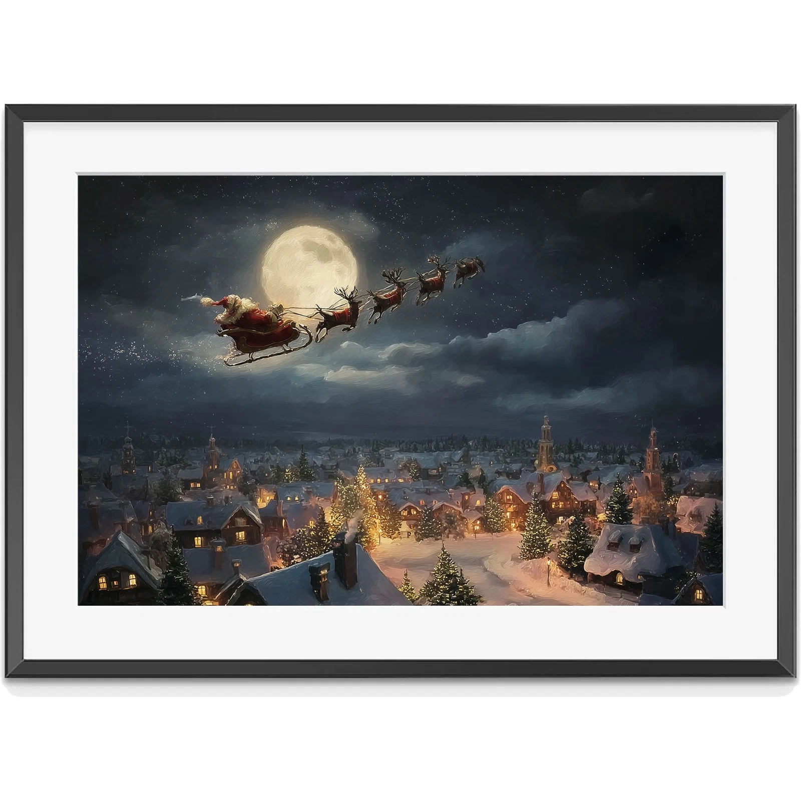 Santa Flying Over Christmas Village Print | Vintage Christmas Night ...