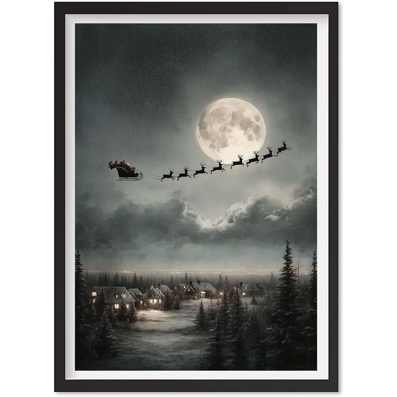 Santa Flying Sleigh Digital Print | Vintage Full Moon Christmas Oil ...
