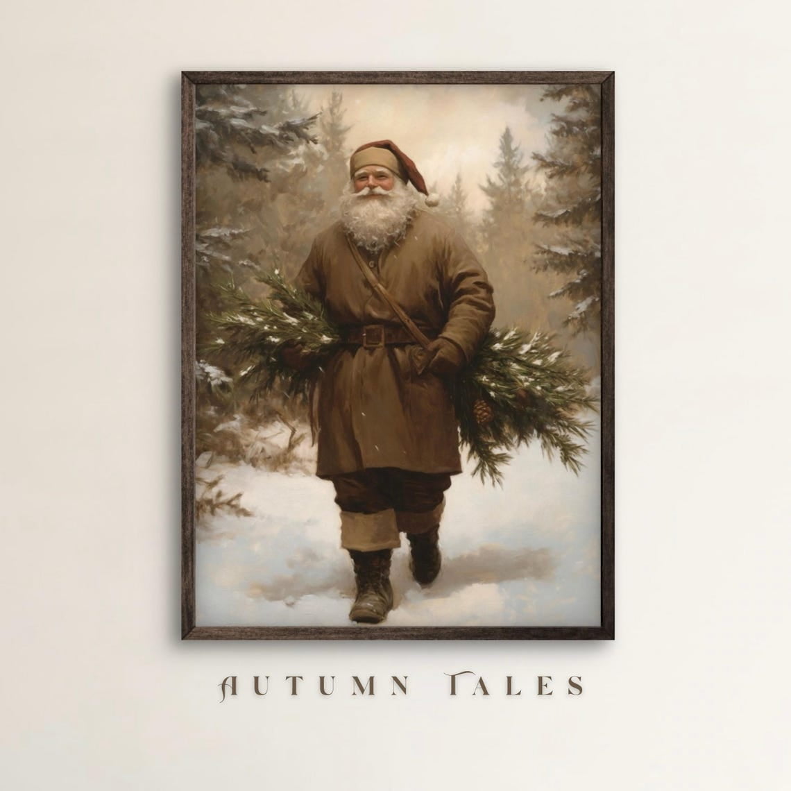 Santa In Forest Poster, Cozy Winter Holiday Scene, Santa Carrying Pine ...