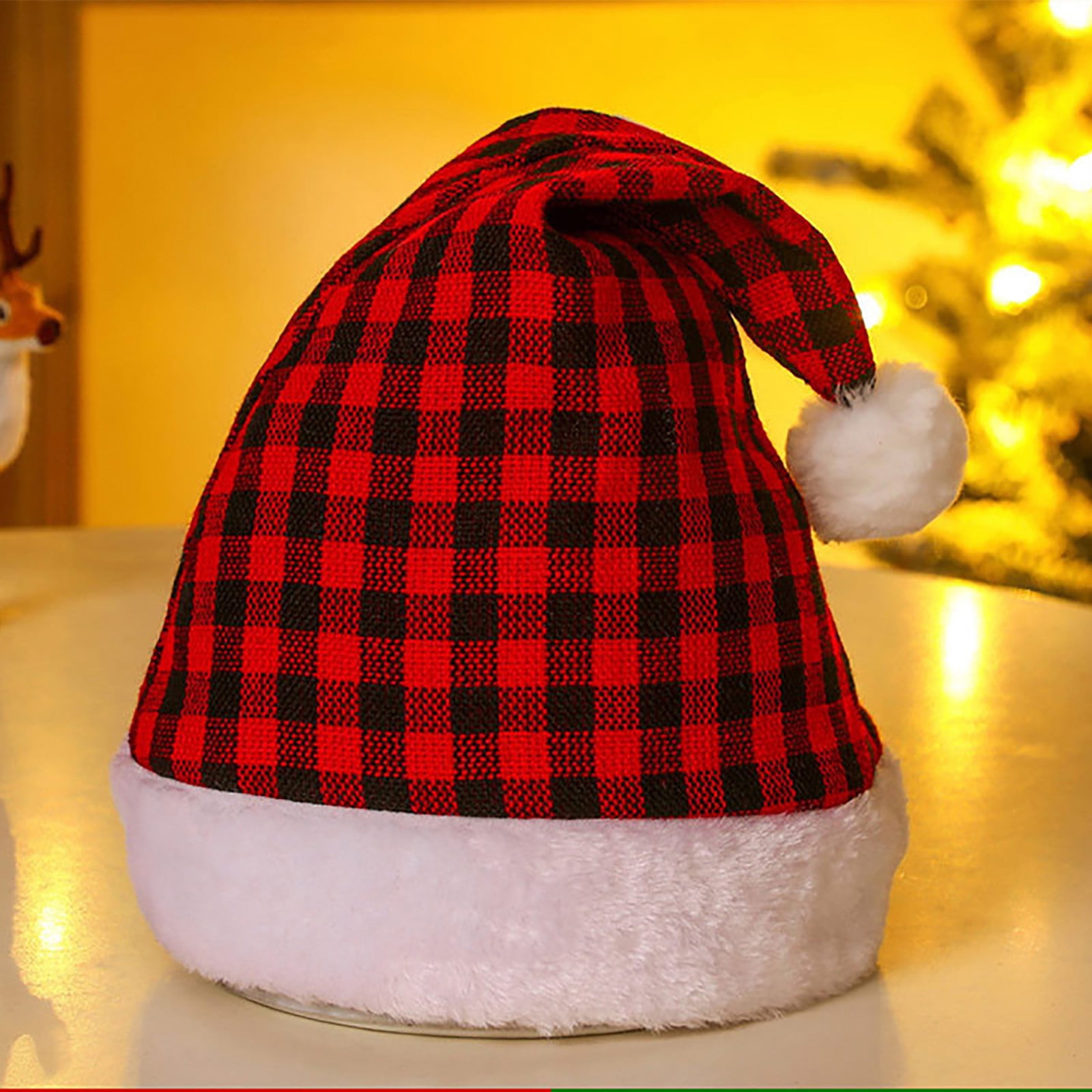Santa Hats for Adults Teenagers - Red Plaid Christmas Hats Unisex Thicken Velvet Xmax Holiday ...