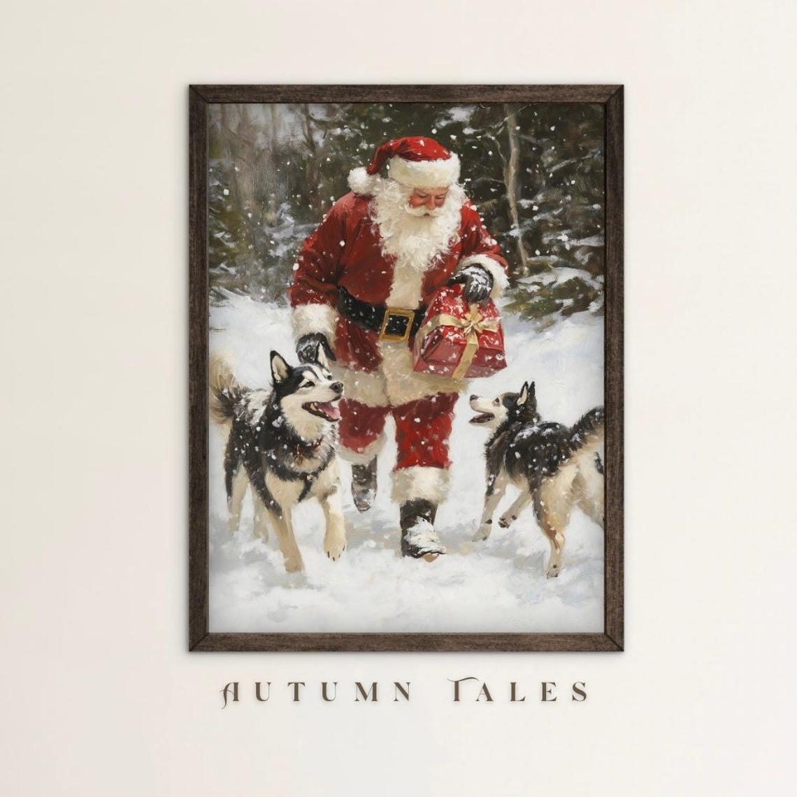 Santa And Huskies Poster Wall Art Snow Forest Print Cozy Winter ...