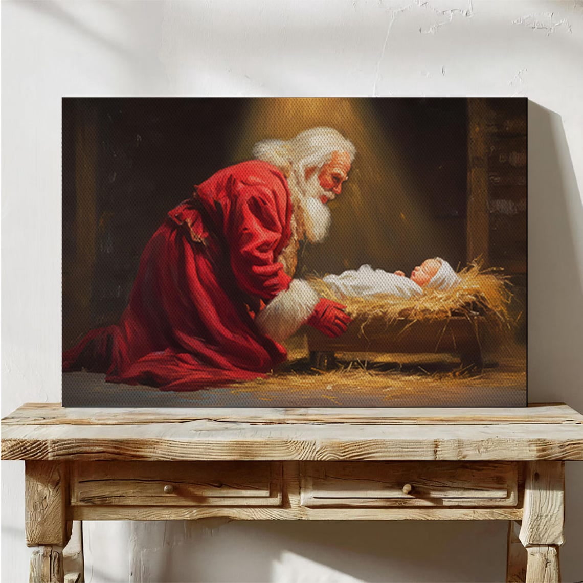 Santa Kneeling Before Baby Je-sus Canvas Print Painting Wall Art for ...