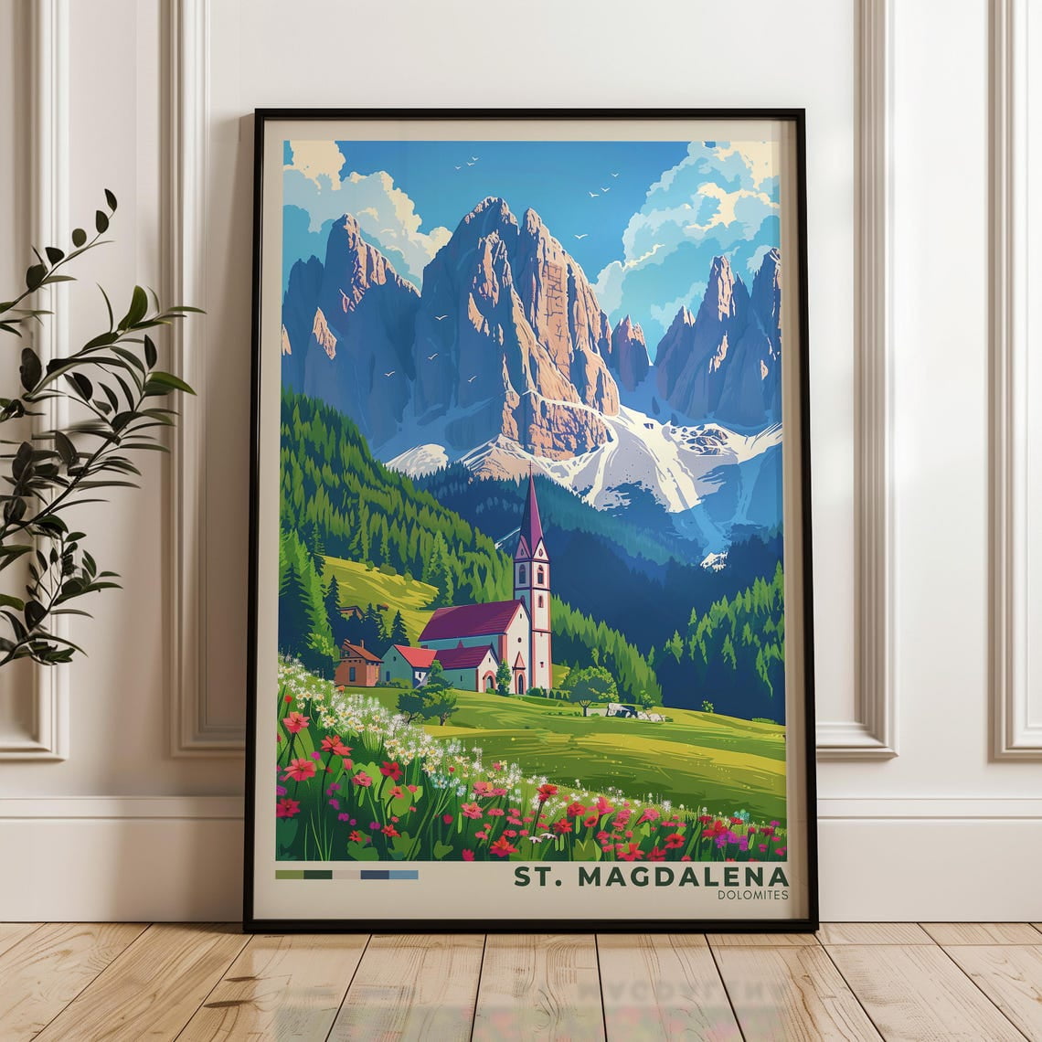 Santa Magdalena Travel Poster - Dolomites Wall Art Print, Illustration ...