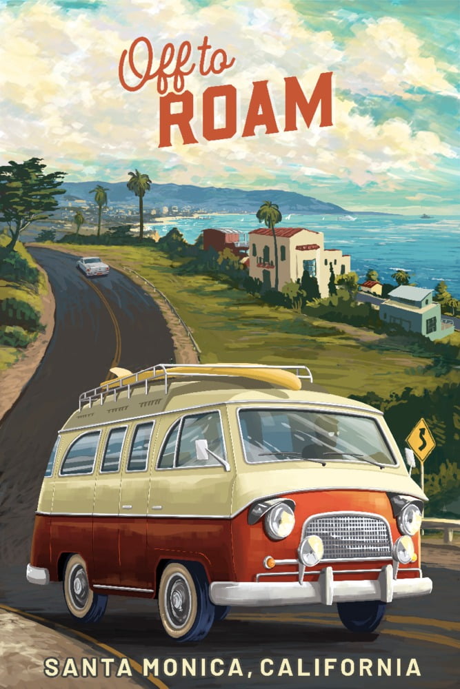 Santa Monica, California, Camper Van, Off to Roam (12x18 Wall Art ...