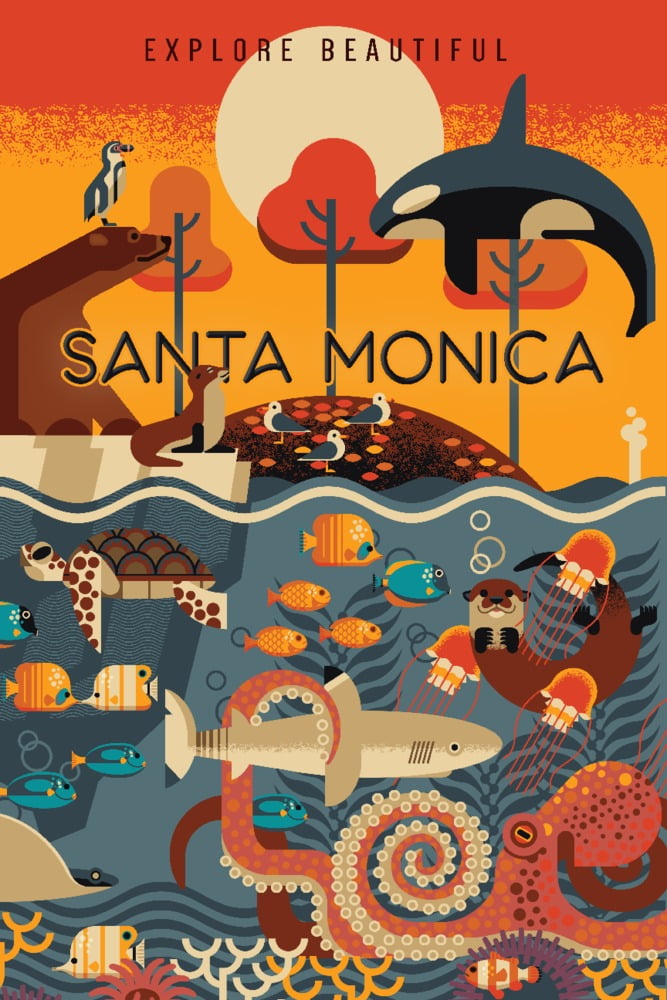 Santa Monica, California, Marine Animals, Geometric (16x24 Giclee ...