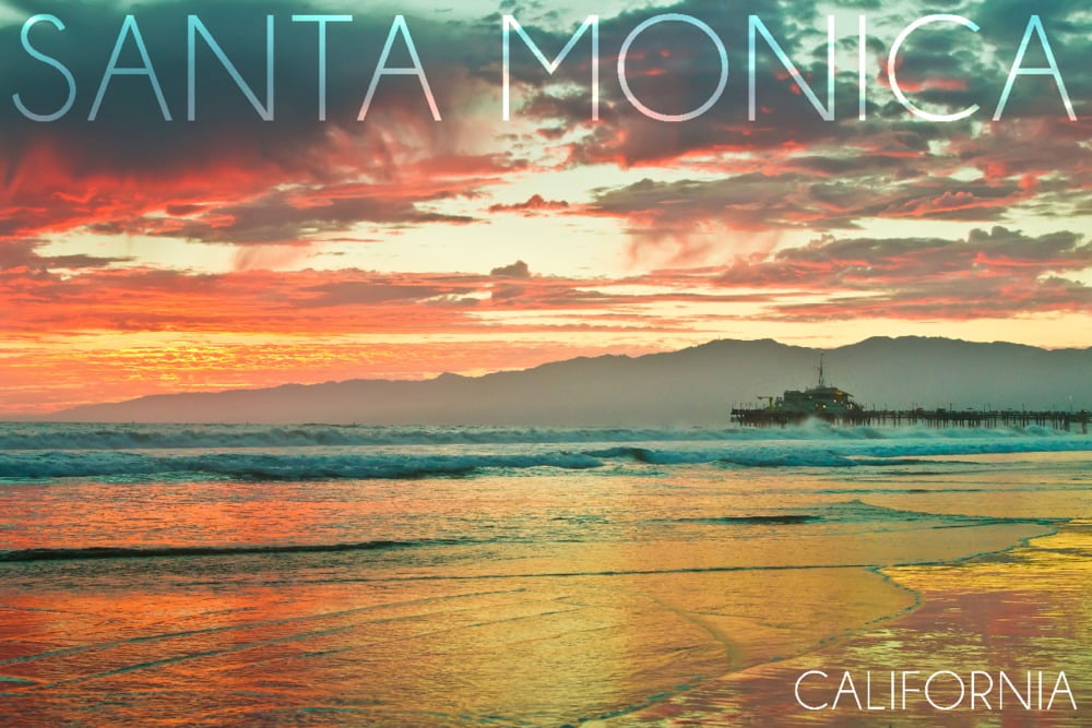 Santa Monica, California, Pier at Sunset (24x36 Giclee Gallery Art ...