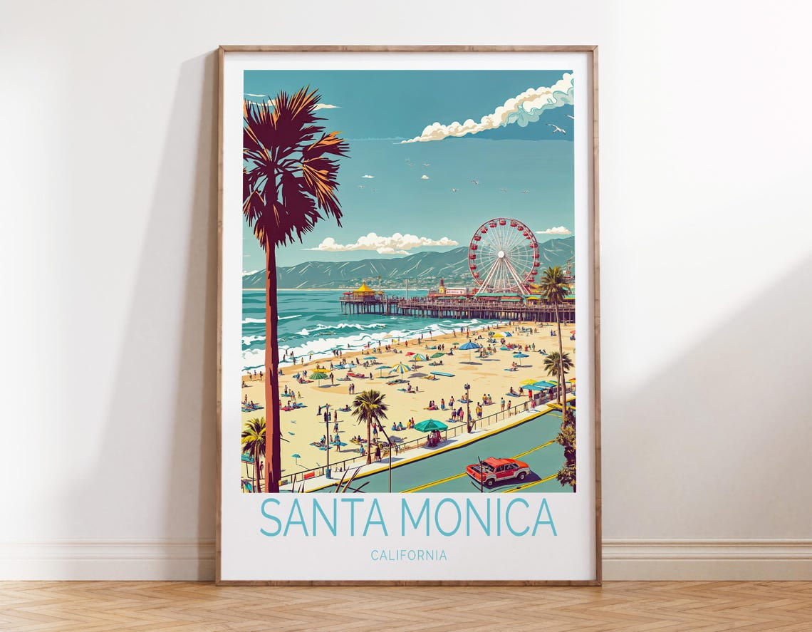 Santa Monica California Travel Poster, California Travel Wall Art ...