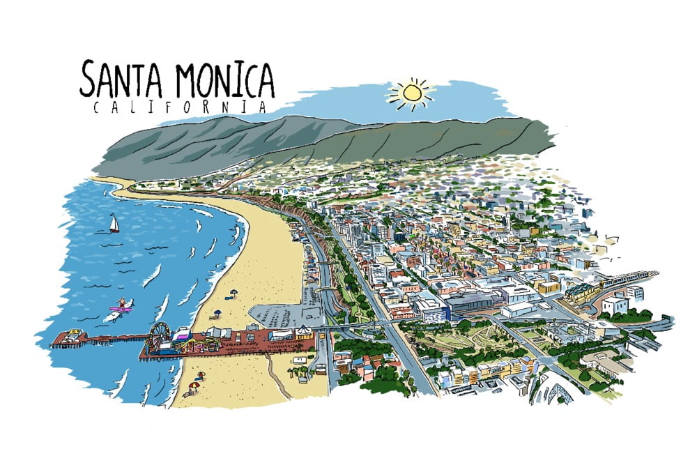 Santa Monica Pier Line Drawing (24x36 Giclee Gallery Art Print, Vivid ...