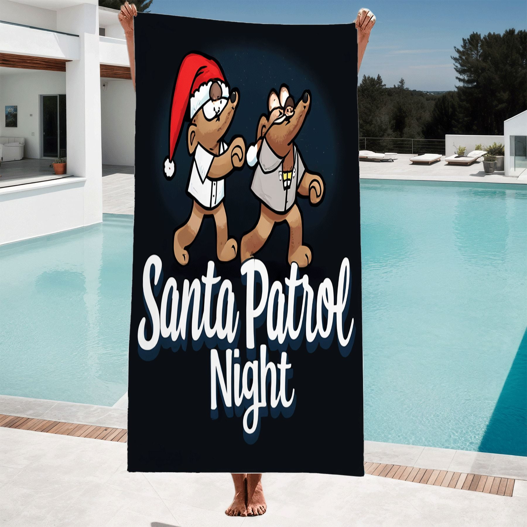 Santa Night Cartoon Dogs Beach Towel - Fun Holiday Design for Pool ...