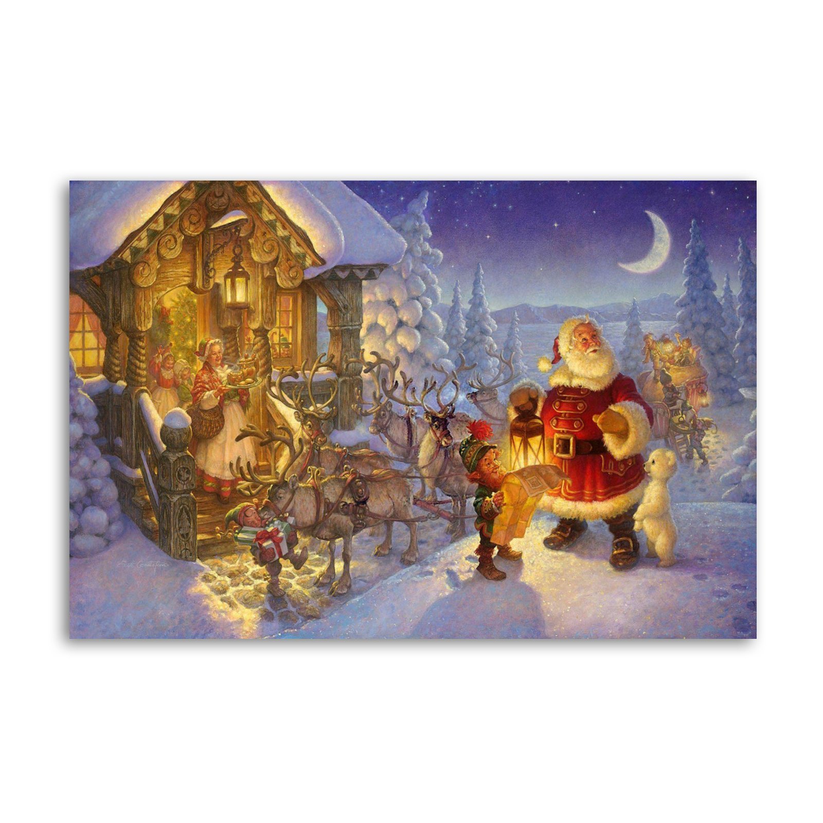 Santa at The North Pole Christmas Eve Elves Reindeer Presents Art ...