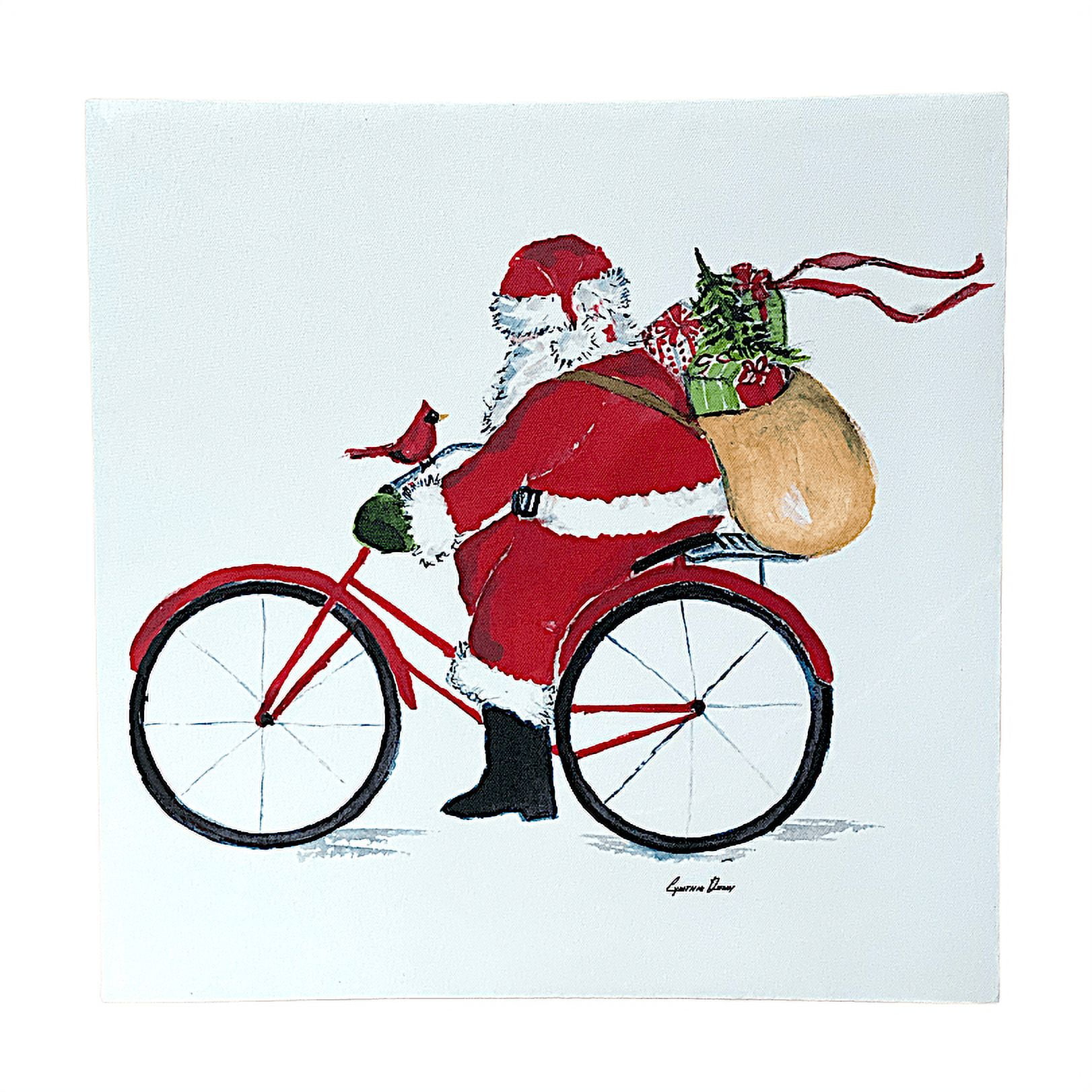 Santa On A Bike With Red Cardinal Modern Framed Wall Art Christmas Winter Holiday Decor 14"x 14 ...