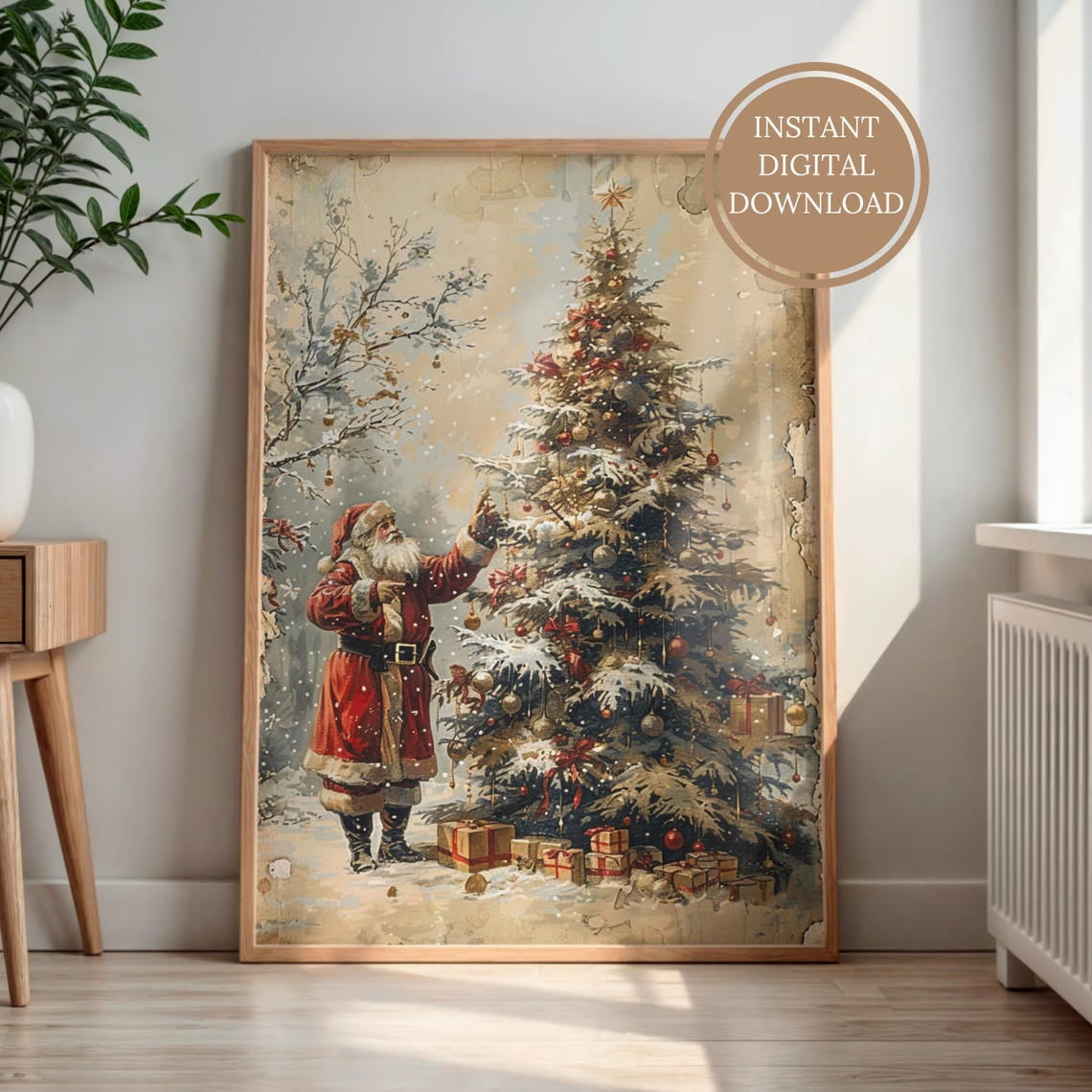 Santa Poster Wall Art Neutral Santa And Tree Drawing Print Classic ...
