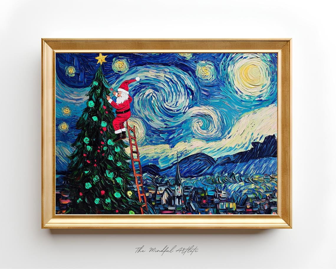 Santa Print Van Gogh Print Starry Night Santa In Famous Paintings Van ...