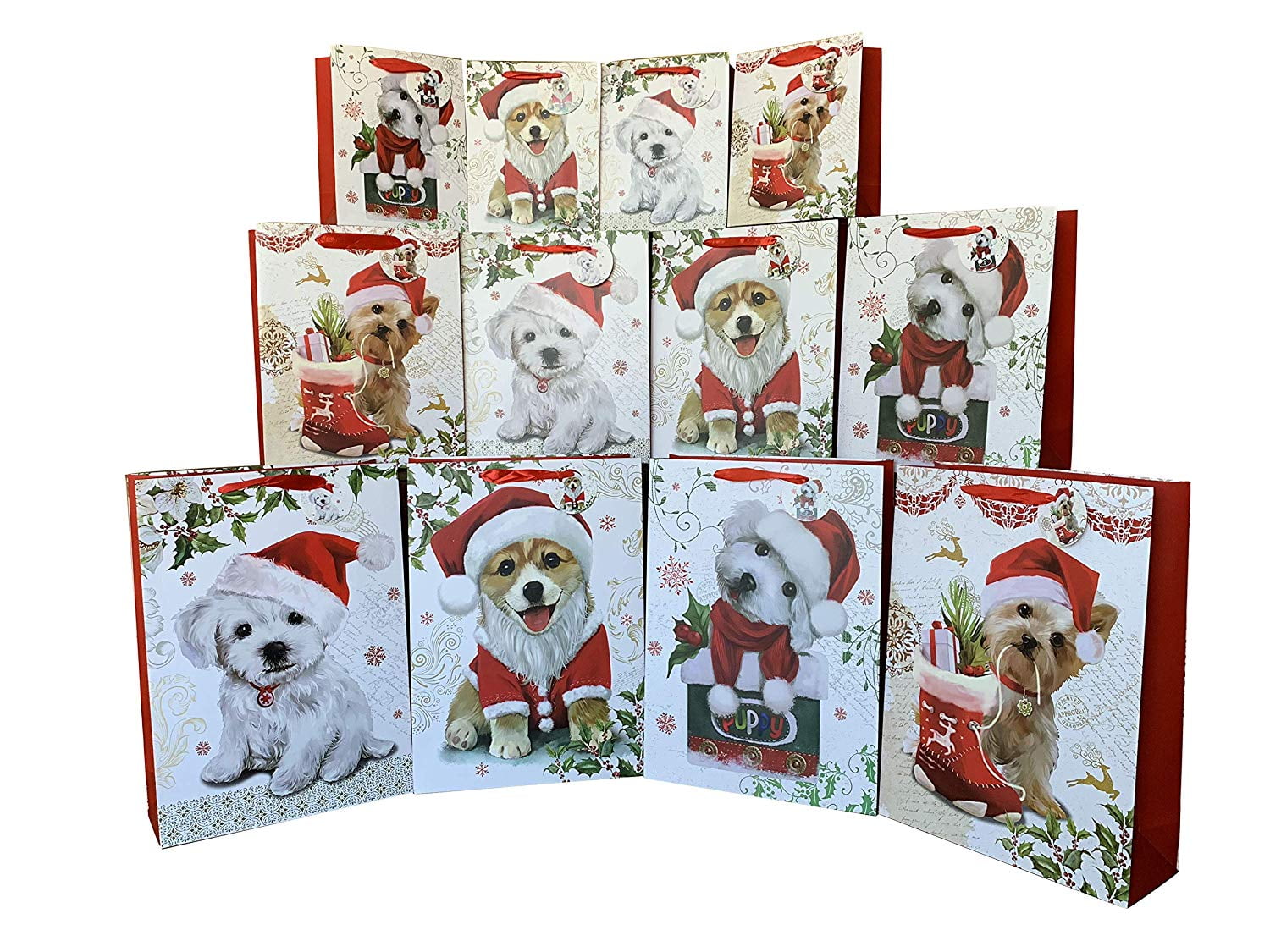 Walmart Santa Puppy Xmas Gift Bags - Set of 12, Cute Dogs, Holiday ...