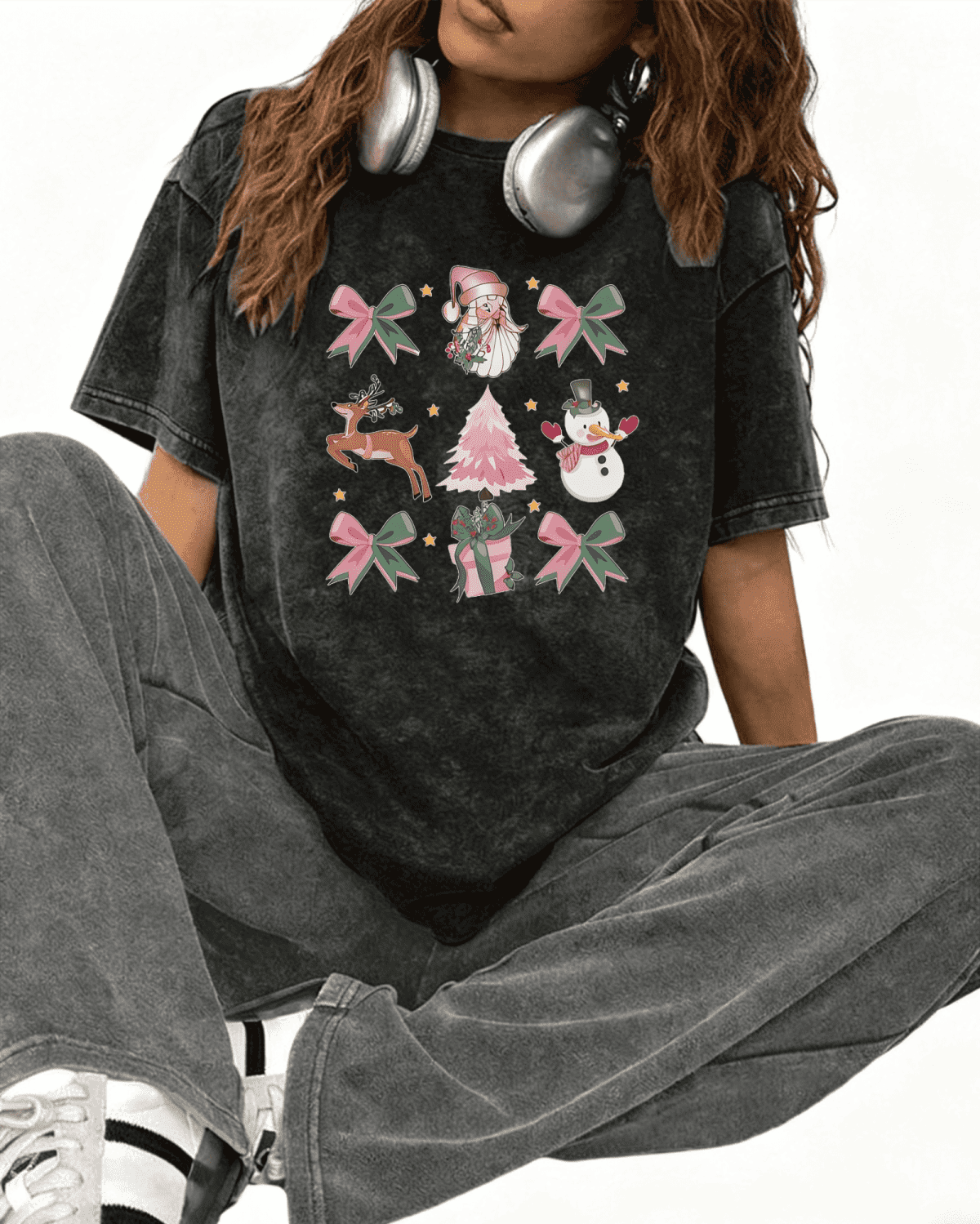 Santa Reindeer Snowman Pink Bow Print Tshirt Black Christmas Graphic ...
