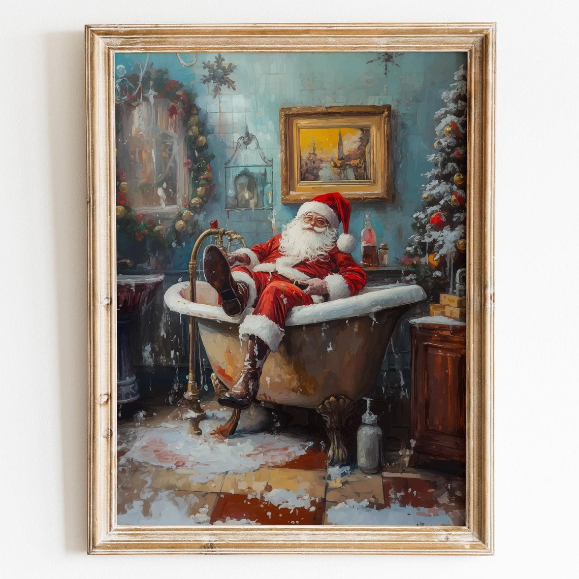 Santa Relaxing In Bathtub Art Print, Funny Santa Poster For Bathroom ...