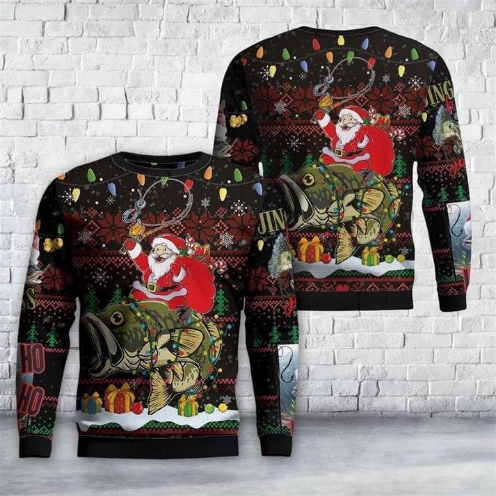 Santa Riding Bass Fish Ugly Christmas Sweater, Best Gift For Holiday ...