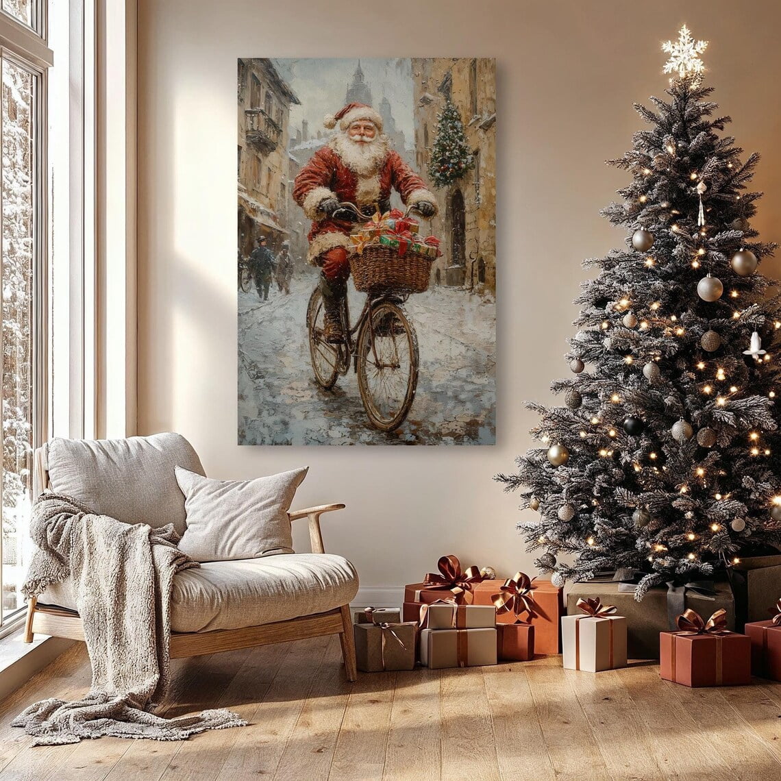 Santa Riding Bicycle Wall Art Winter Gifts Poster Santa Claus With ...