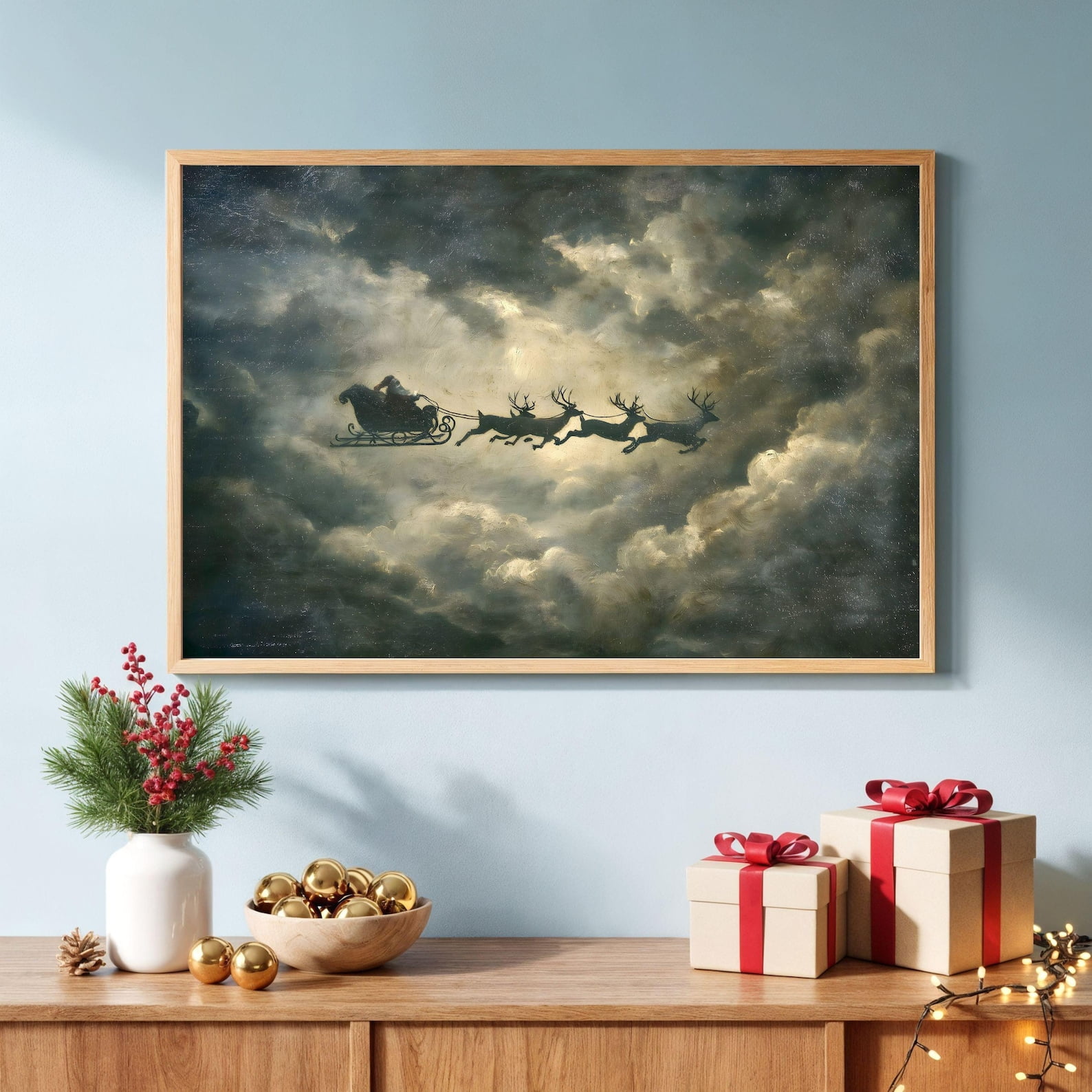Santa Riding Sleigh Print, Dark Christmas Night Santa Art, Reindeers ...
