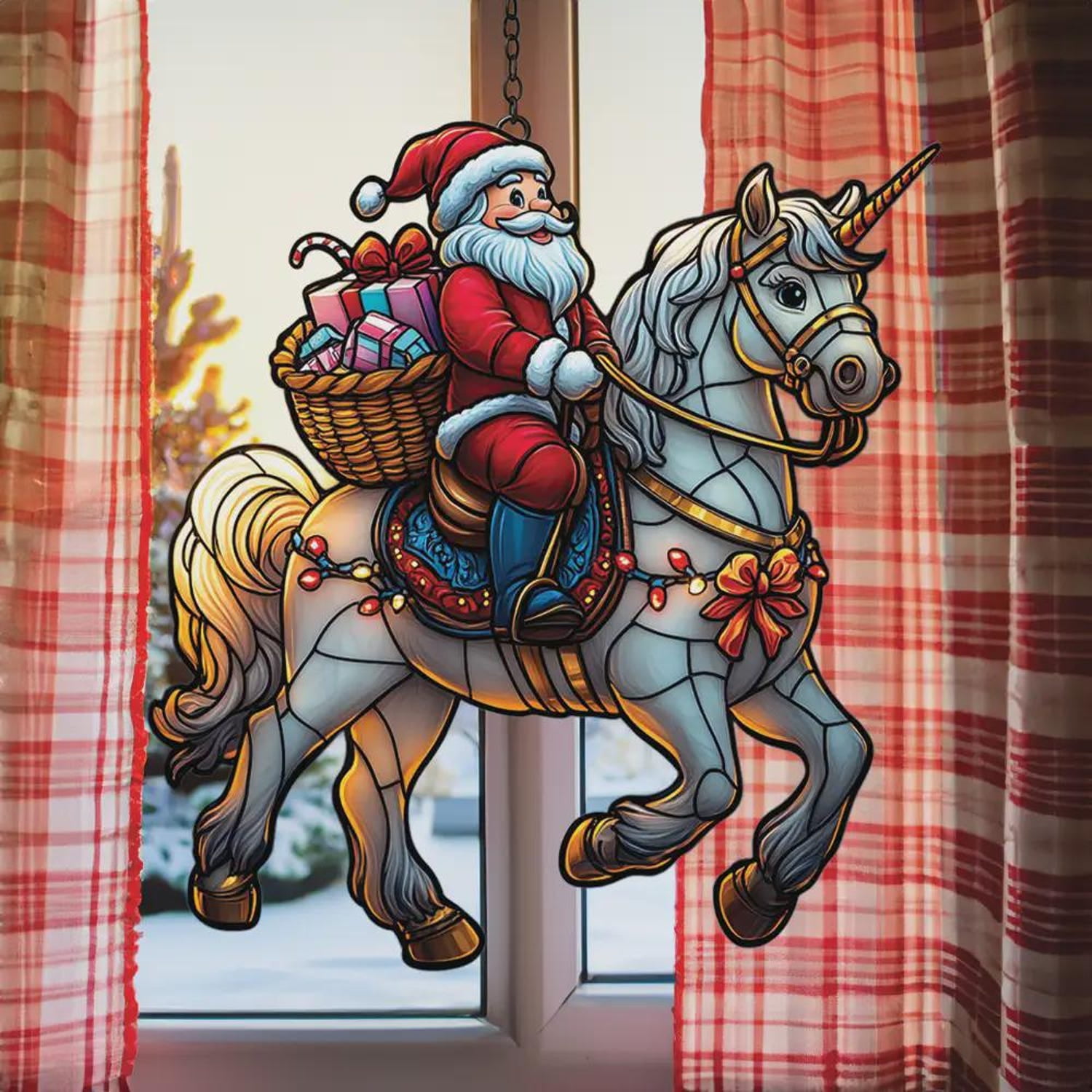 Santa Riding Unicorn Acrylic Suncatcher, Faux Stained Glass Ornament ...
