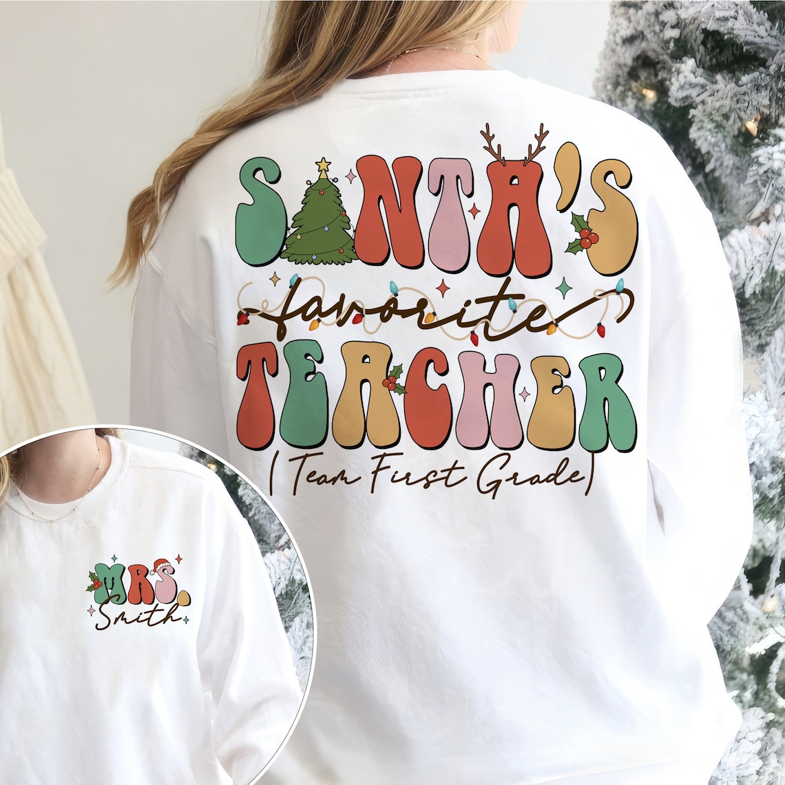 Santa'S Favorite Teacher Winter Holiday Shirt, First Grade Teacher ...
