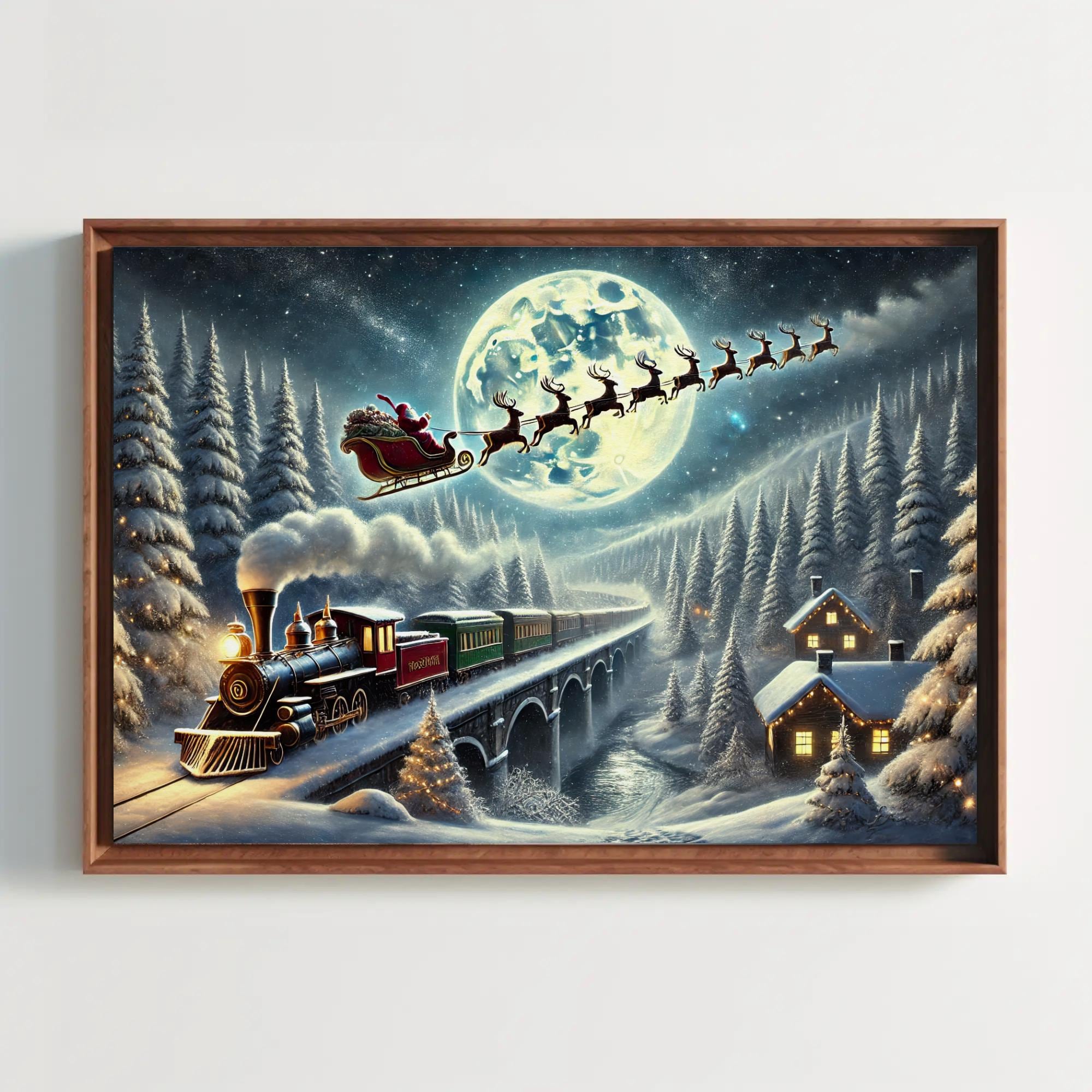 Santa’S Sleigh And Kristmas Train Print, Magical Winter Wonderland Wall ...