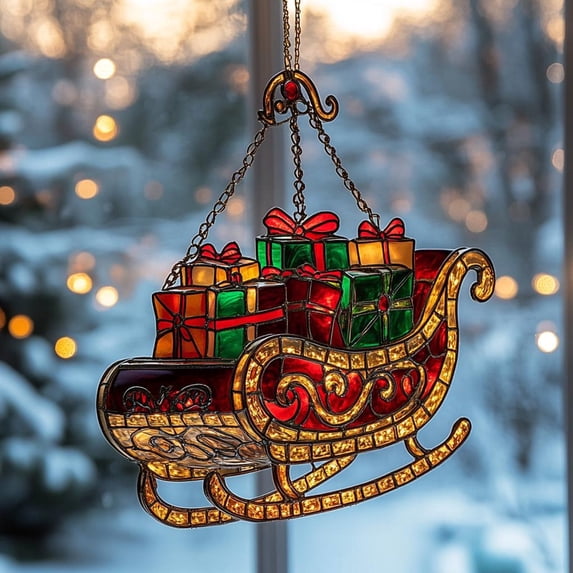 Santa Sleigh Acrylic Suncatcher – Christmas Gifts Faux Stained Glass ...
