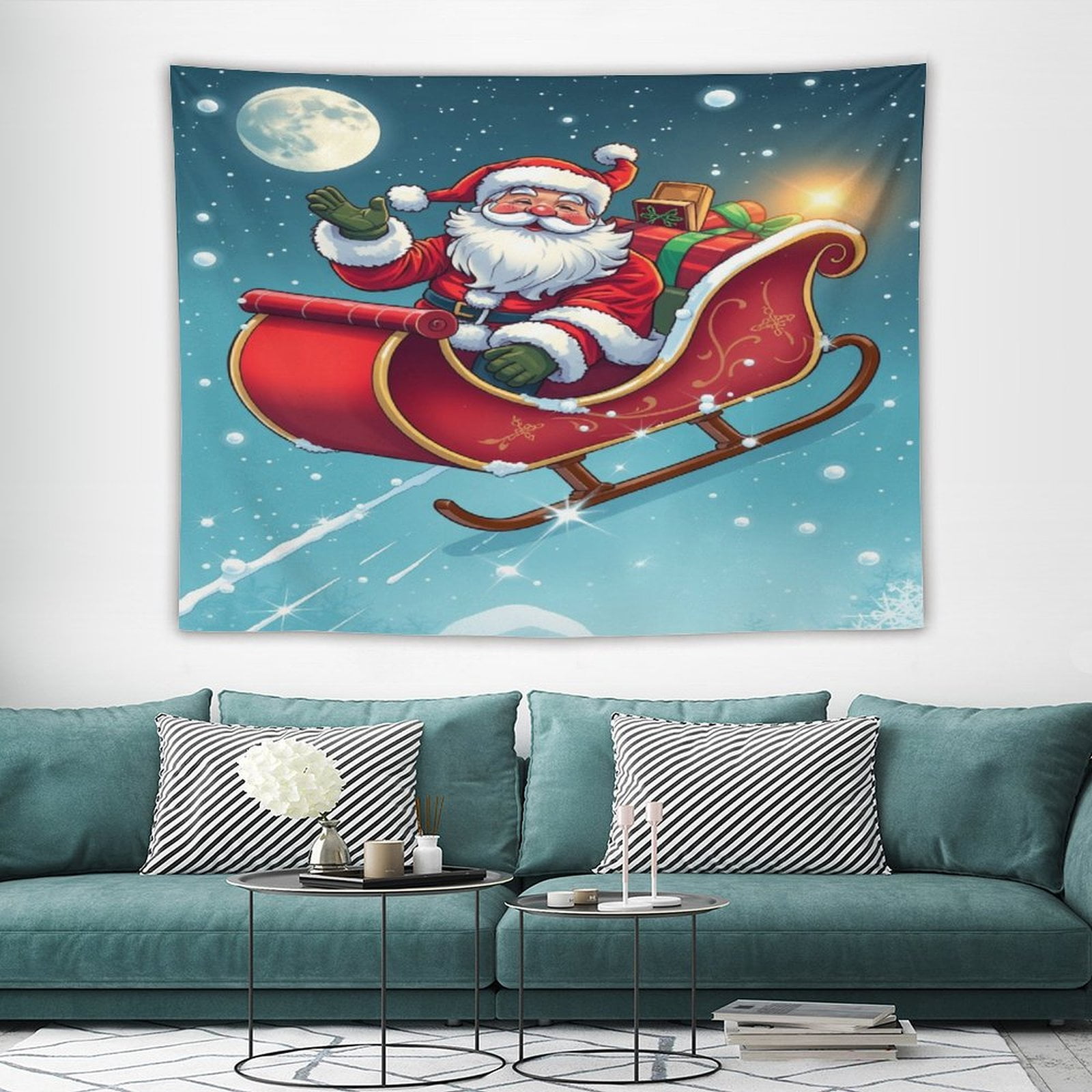 Santa Sleigh Flying Wall Tapestry Poster Mall Hanging Background Cloth ...