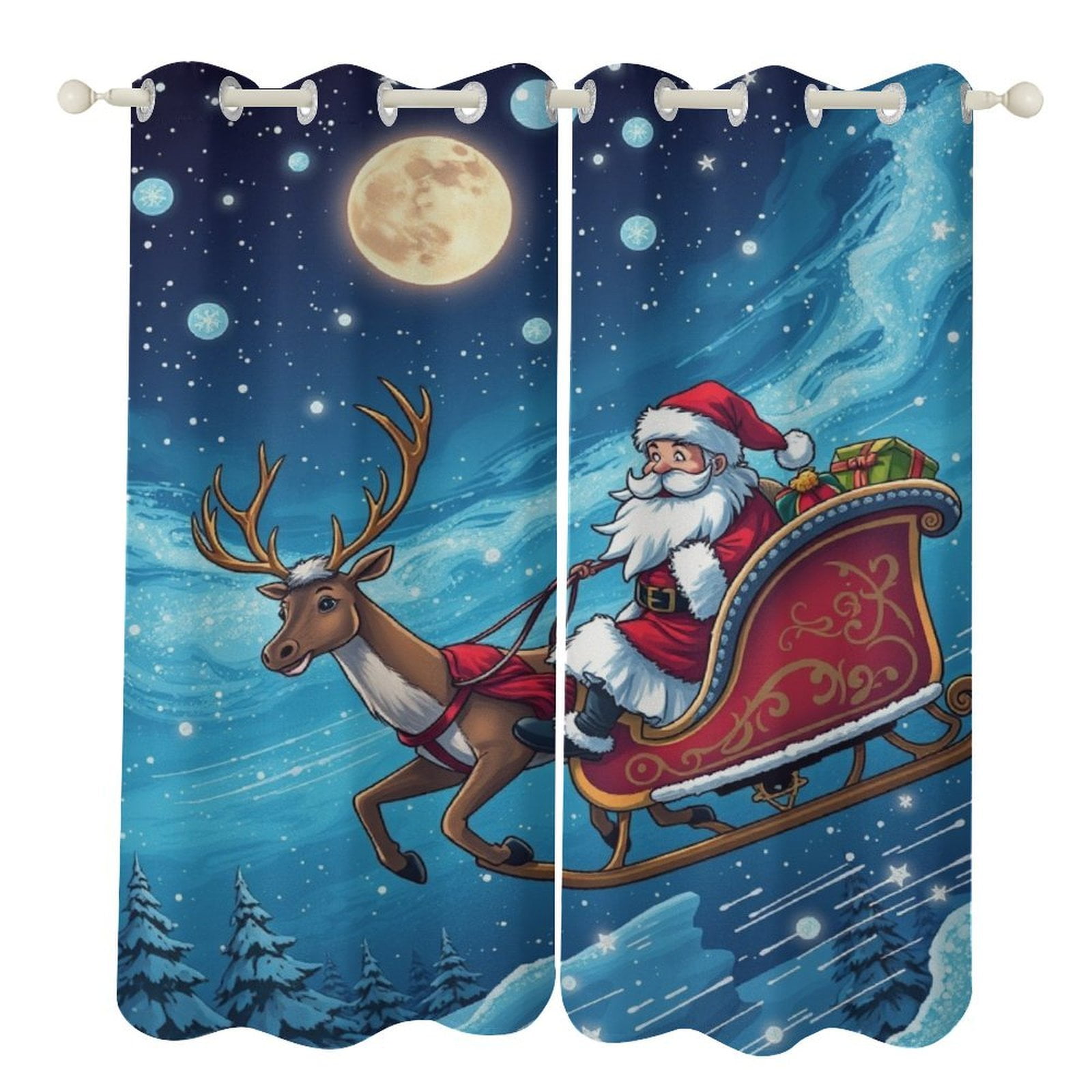Santa Sleigh Night Flight Window Curtains Drapes Bedroom Living Room ...