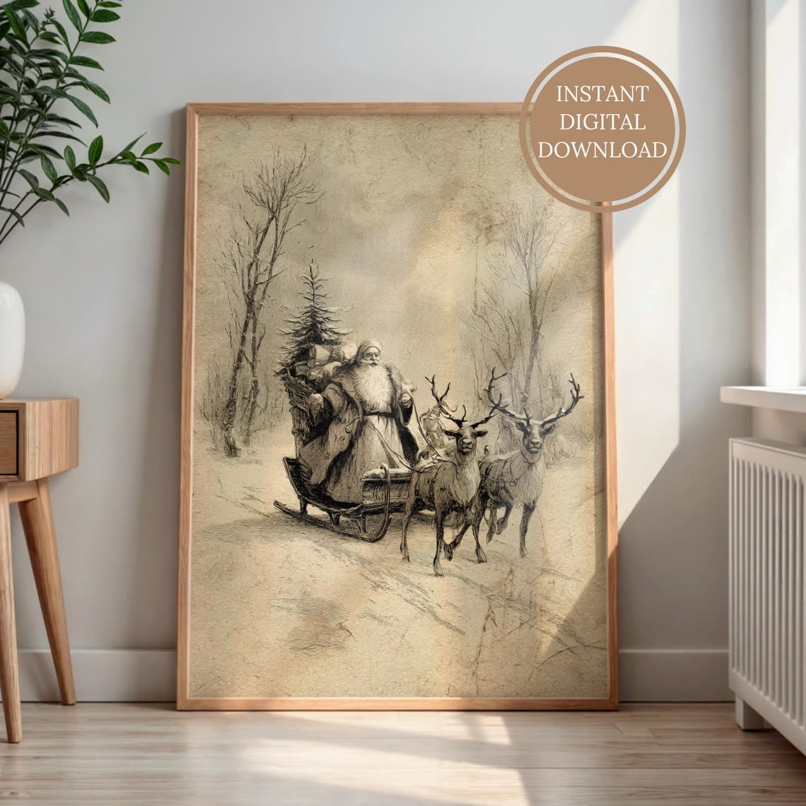 Santa Sleigh Poster Wall Art Rustic Winter Print Vintage Festive ...