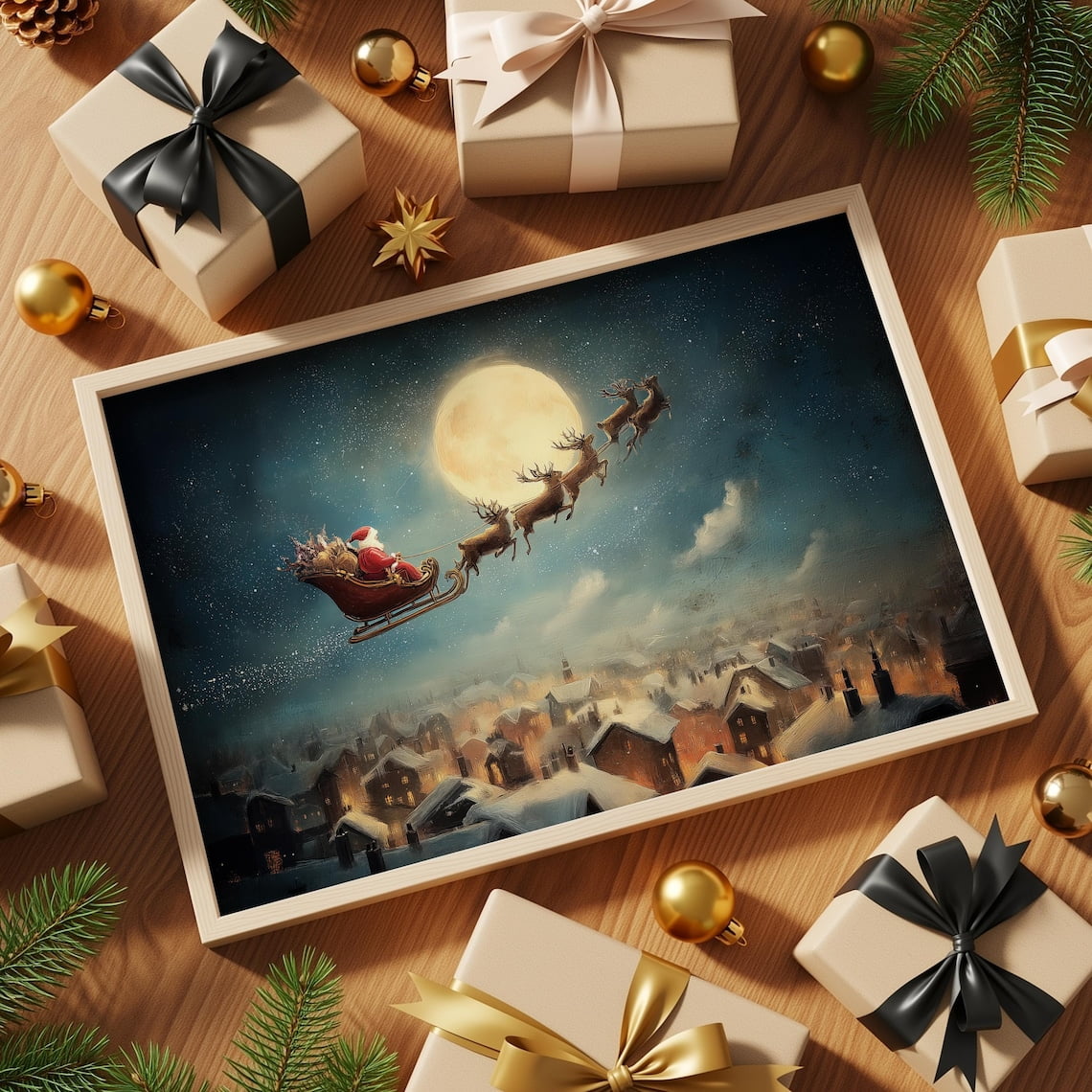 Santa Sleigh Poster Wall Art, Vintage Illustration Flying Over Village ...