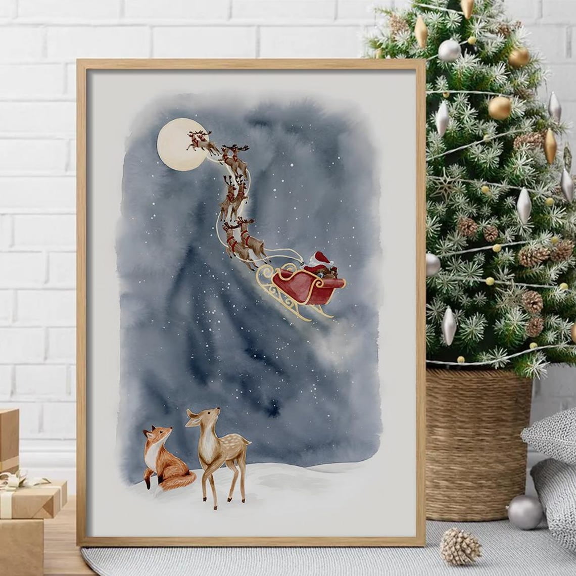 Santa Sleigh Poster Whimsical Winter Holiday Reindeer, Winter Night Sky ...