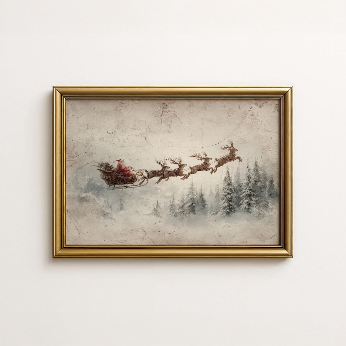 Santa Sleigh Poster Winter Reindeer, Antique Style Warm Present Vintage ...