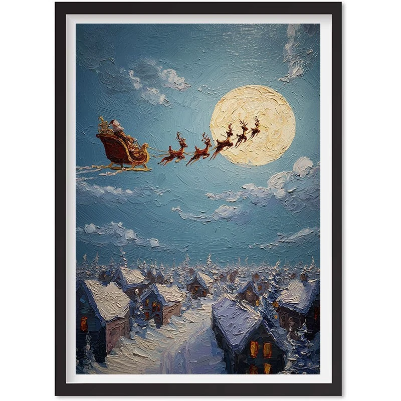 Santa Sleigh Over Snowy Village – Vintage Christmas Wall Art, Santa ...