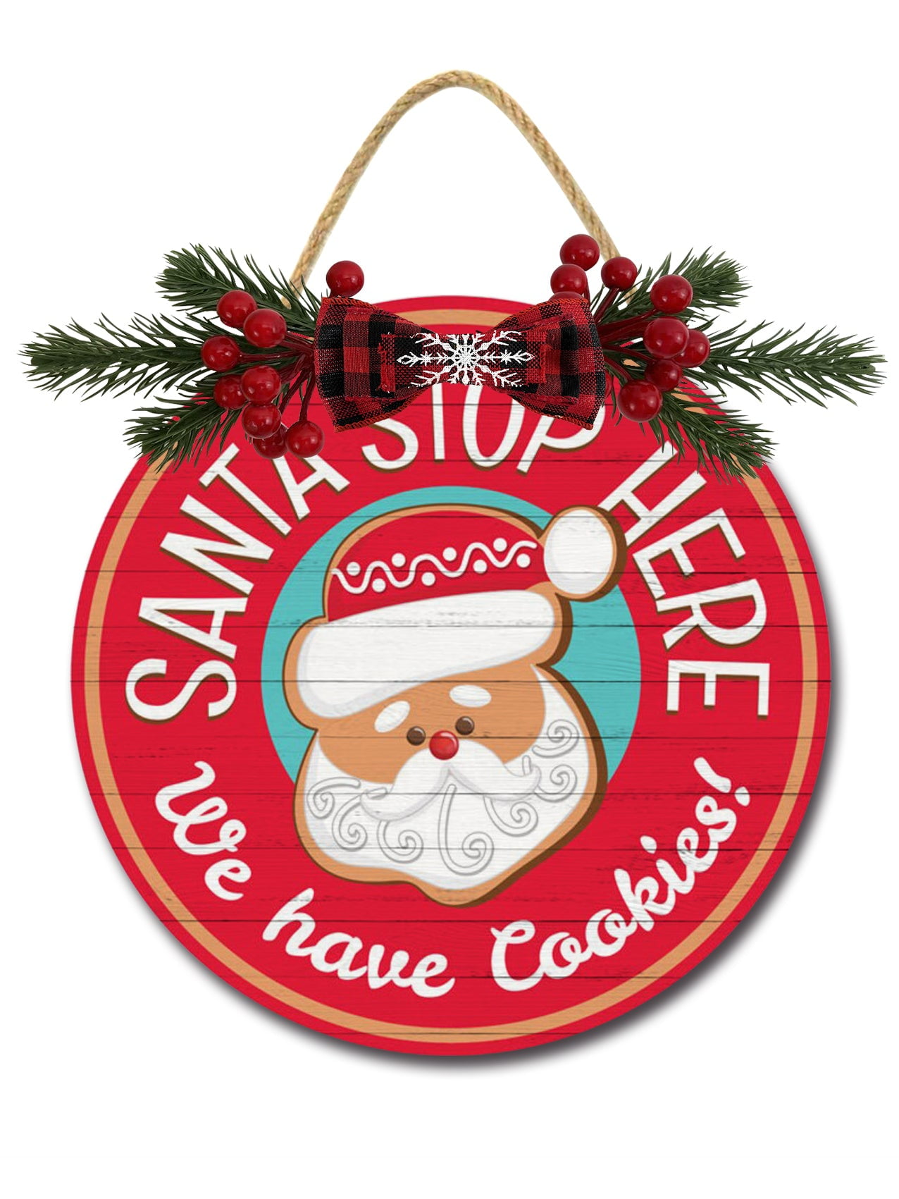 Santa Stop Here Sign Front for Door Decoration, 12" Round Wood Wreaths ...