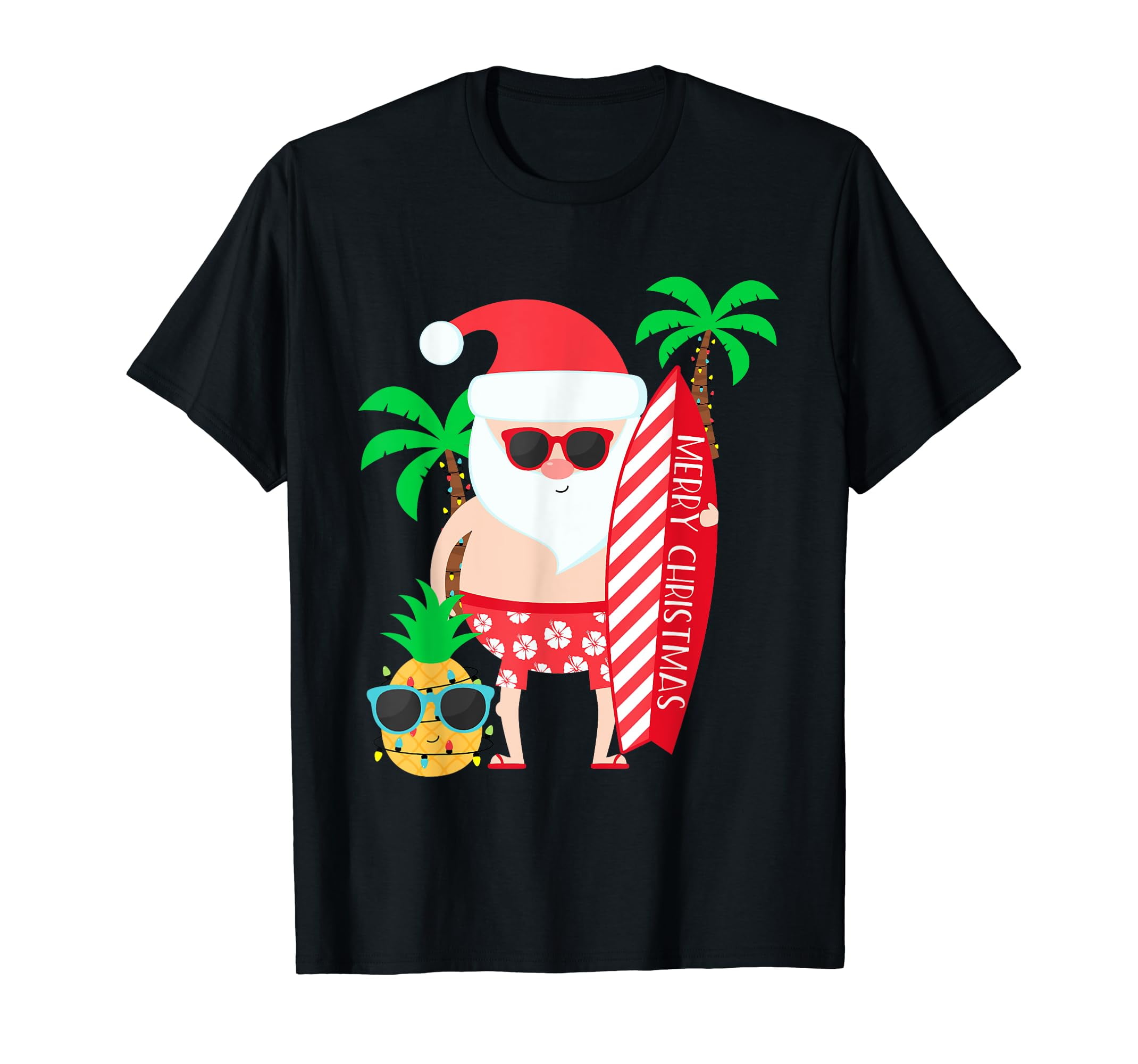 Santa Surfing Hawaiian Beach Christmas In July Tropical T-Shirt ...