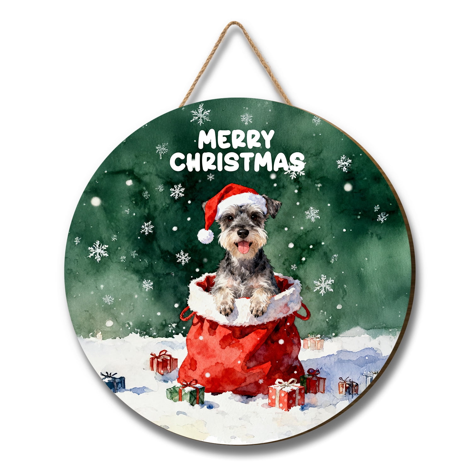 Santa Surprise Gift Schnauzer Merry Cheerful Christmas Round Wood Sign ...