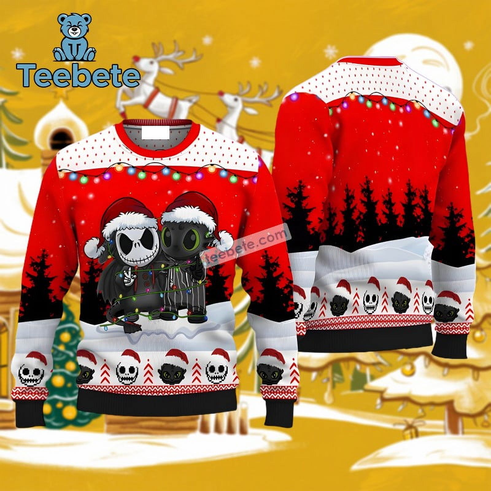 Santa Toothless Jack Skellington Red White Naughty Ugly Sweater ...
