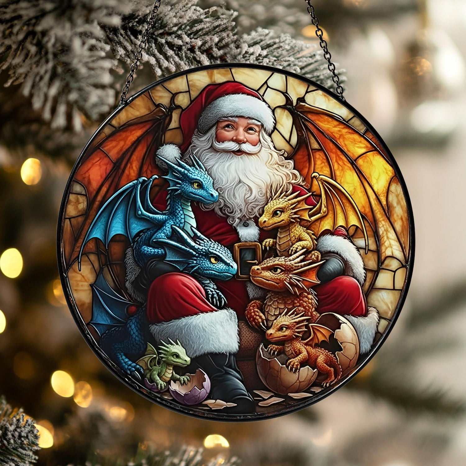 Santa With Dragons Christmas Ornament, Fantasy Faux Stained Glass ...
