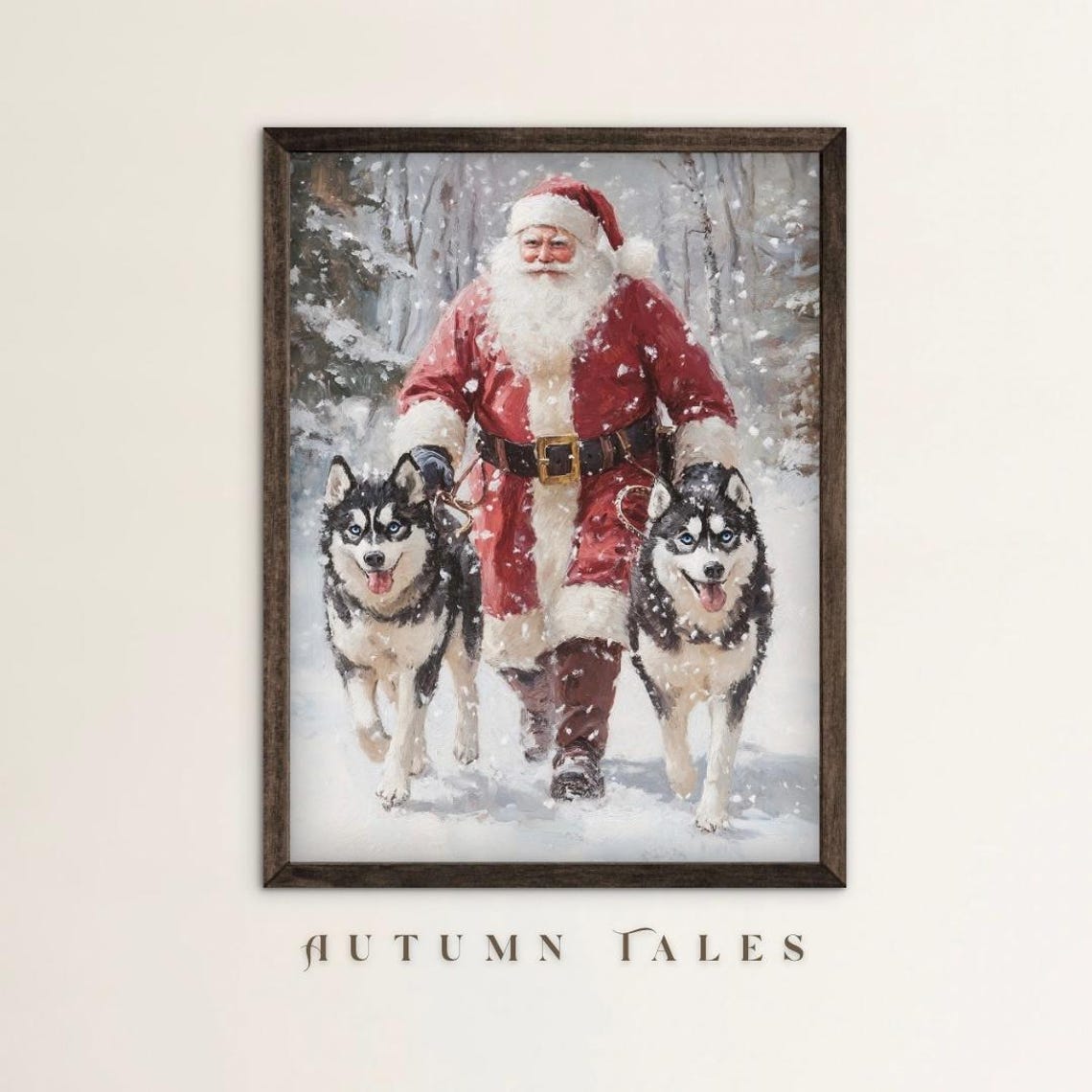 Santa With Huskies Poster Wall Art Winter Snow Forest Print Festive ...