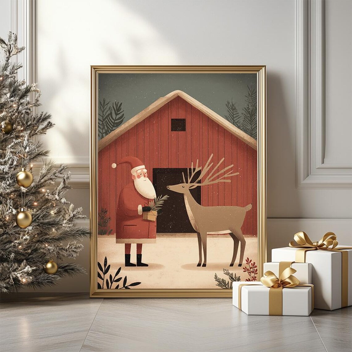 Santa and Reindeer Winter Illustration, Rustic Farmhouse Winter Holiday ...