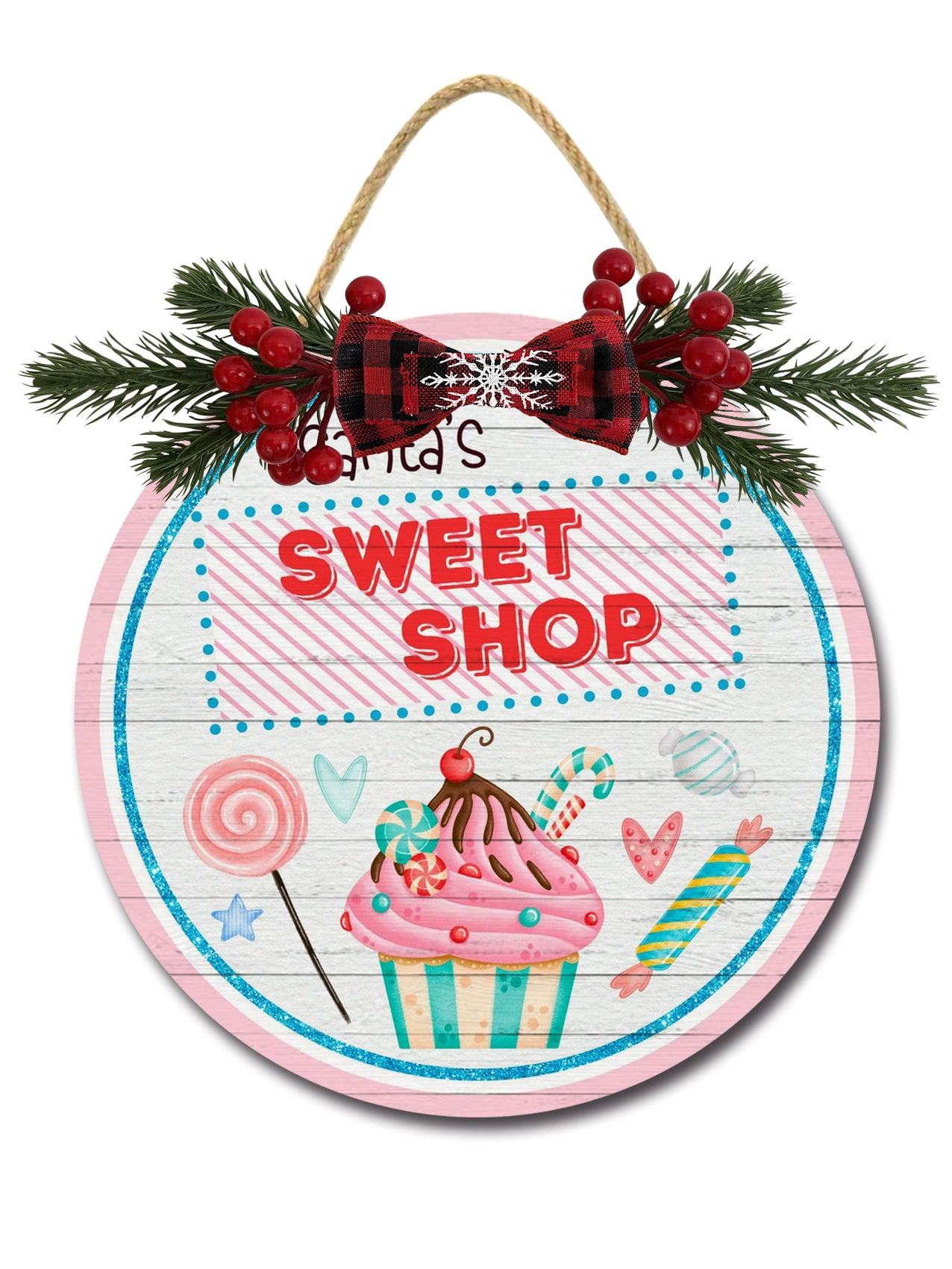 Santa's Sweet Shop Sign Front for Door Decoration, 11 in Round Wood ...