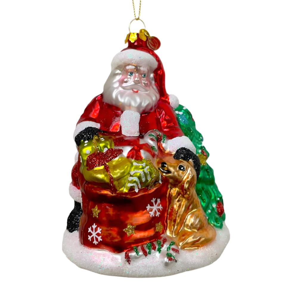 Santa with Dog and Giant Gift Bag Glass Christmas Ornament - Walmart.com