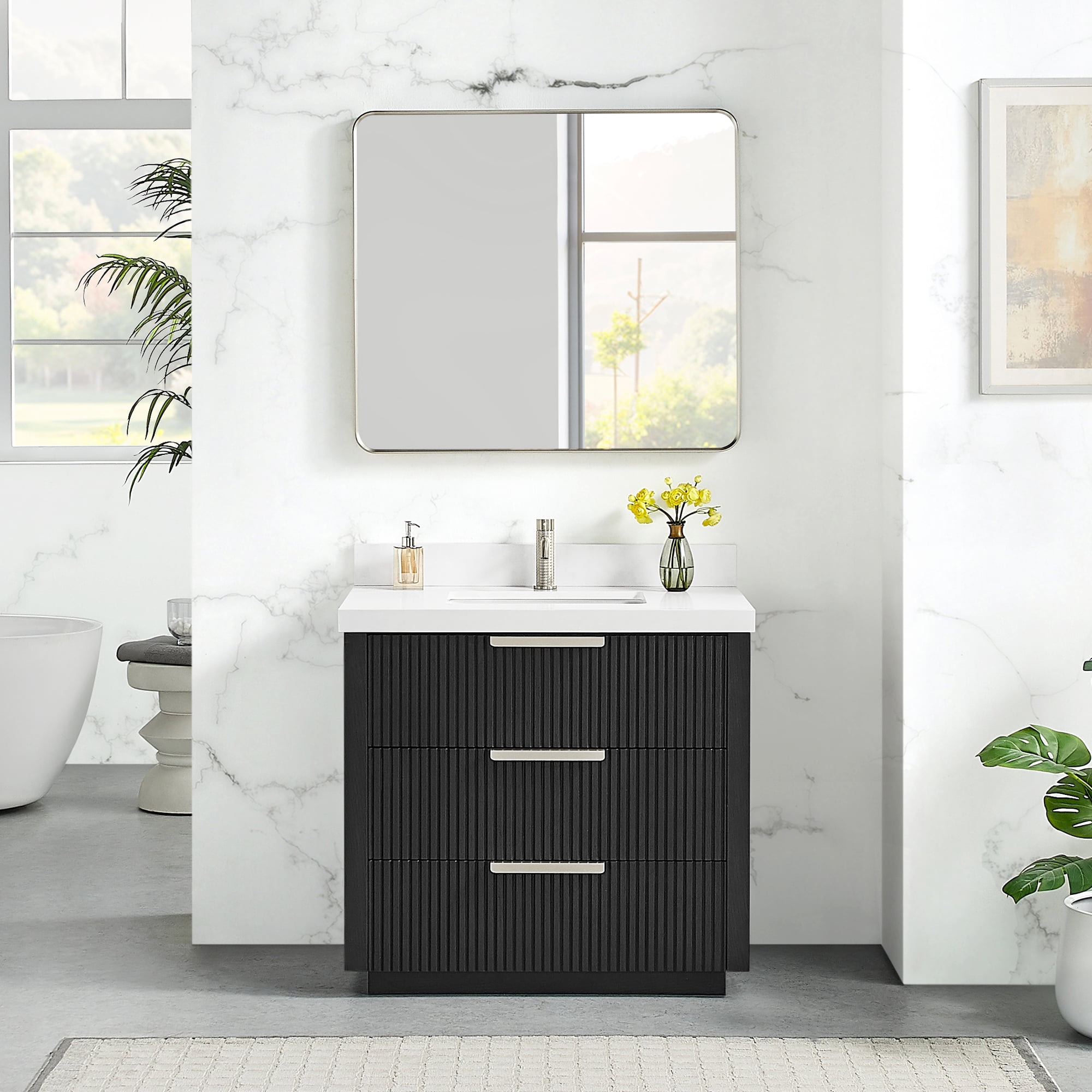Santarem 36" Single Vanity in Oak Weathered Black with White Quartz ...